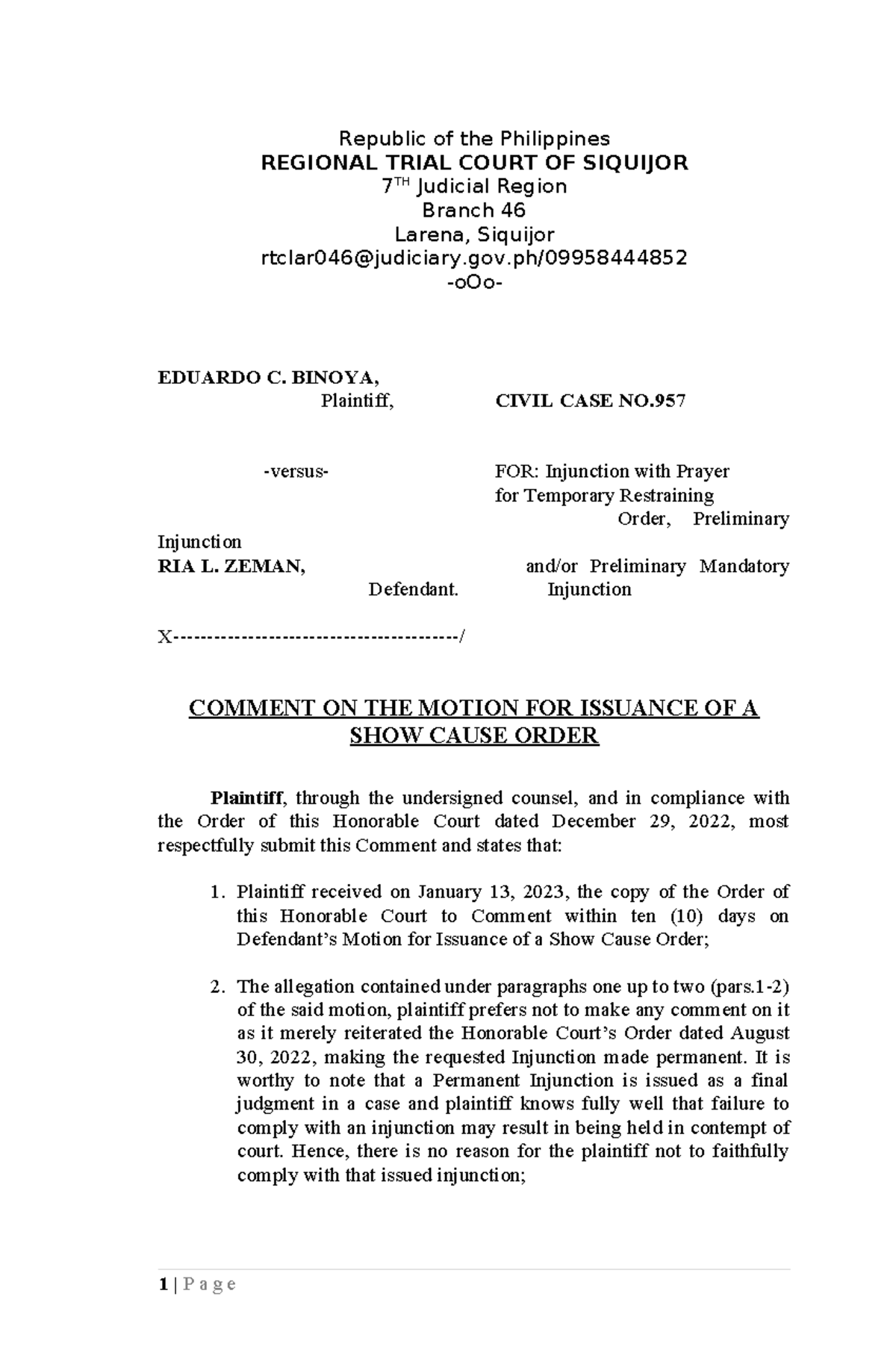 Comment on Motion for Issuance of Show Cause Order - CIVIL CASE NO ...