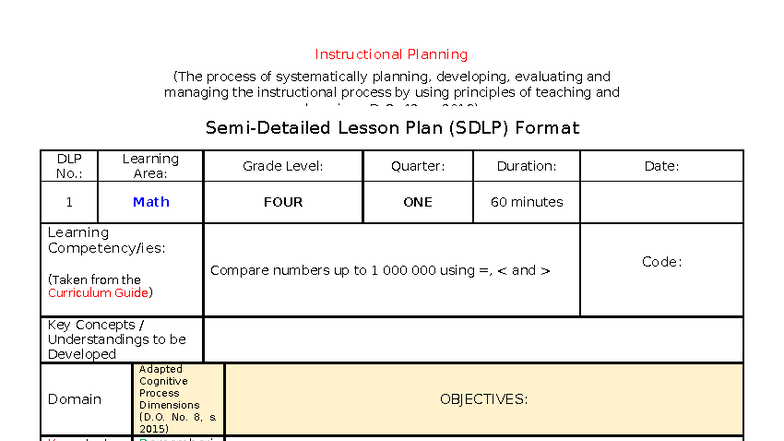 Instructional Planning: Lesson Plan on Comparing Numbers (Math 4) - Studocu