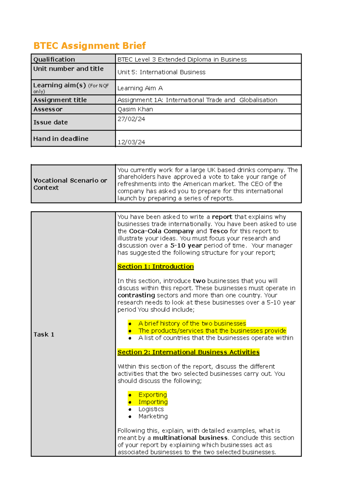 International Business Assignment 1A - BTEC Assignment Brief ...