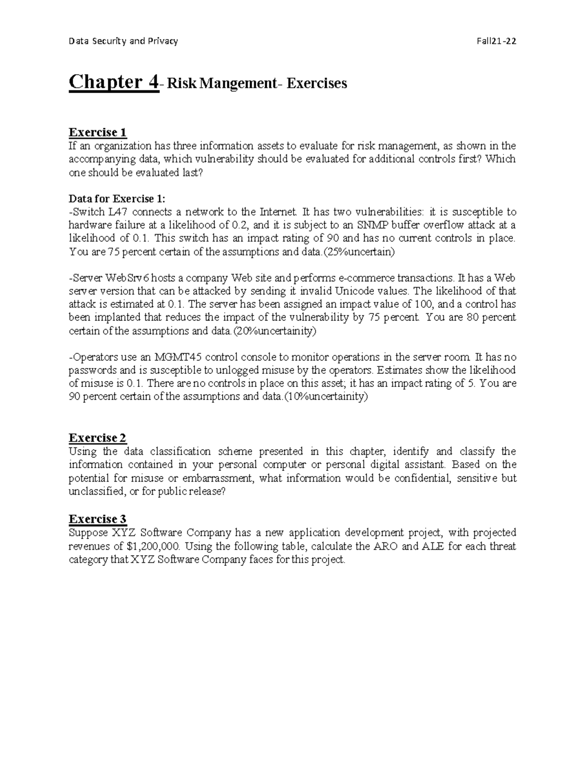 Data Sec-ex-chap4 - Assignment given for Risk Management - Data ...