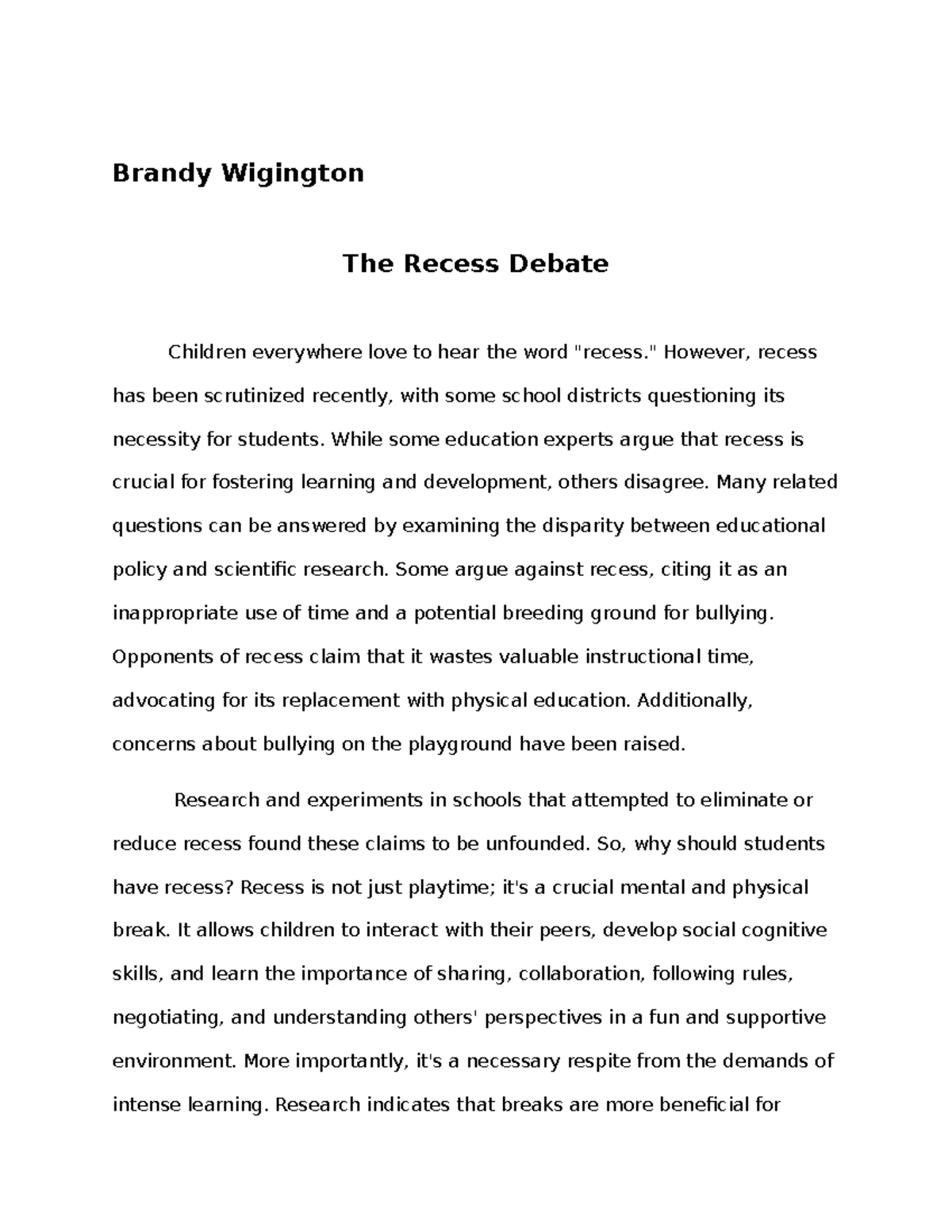 Recess debate - Brandy Wigington The Recess Debate Children everywhere ...