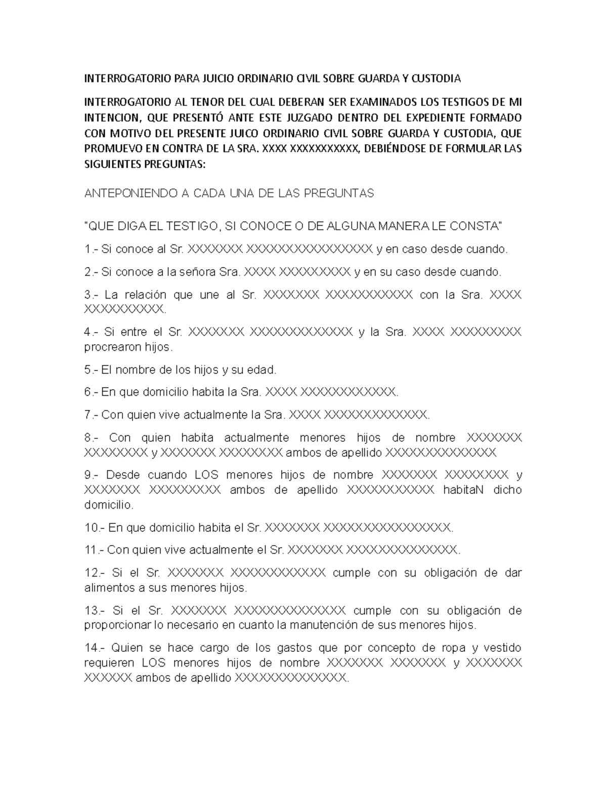 Interrogatorio testigos f1 - INTERROGATORIO PARA JUICIO ORDINARIO CIVIL ...