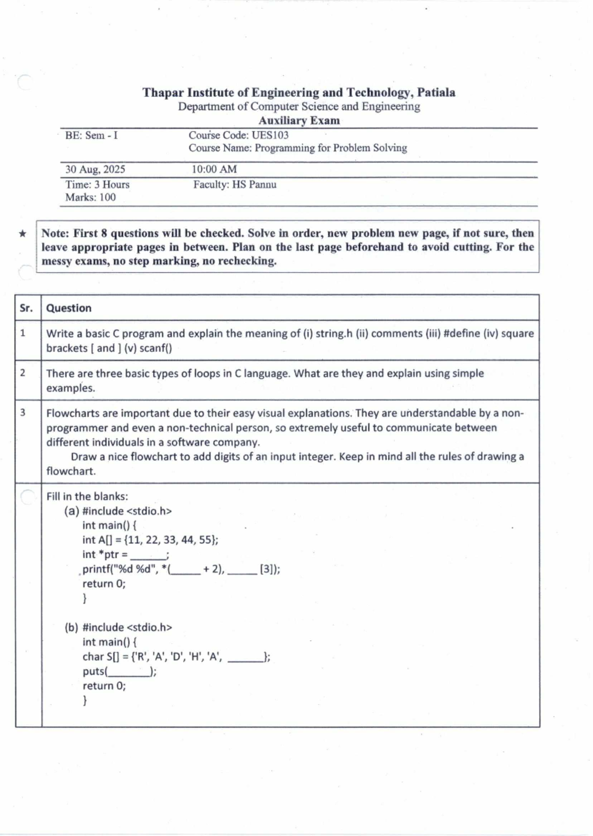 UES103 Auxiliary Exam: Programming for Problem Solving Notes - Studocu