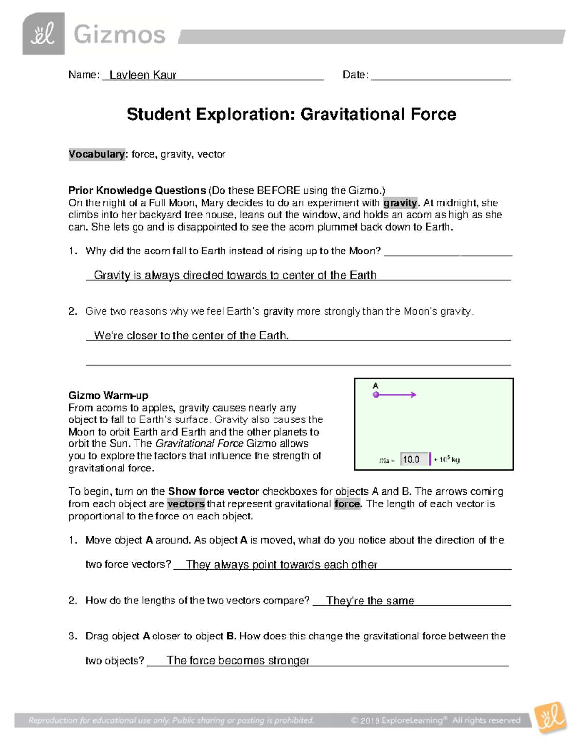 Gravitational Force Exploration Gizmo Activity (Gravity Study) - Studocu