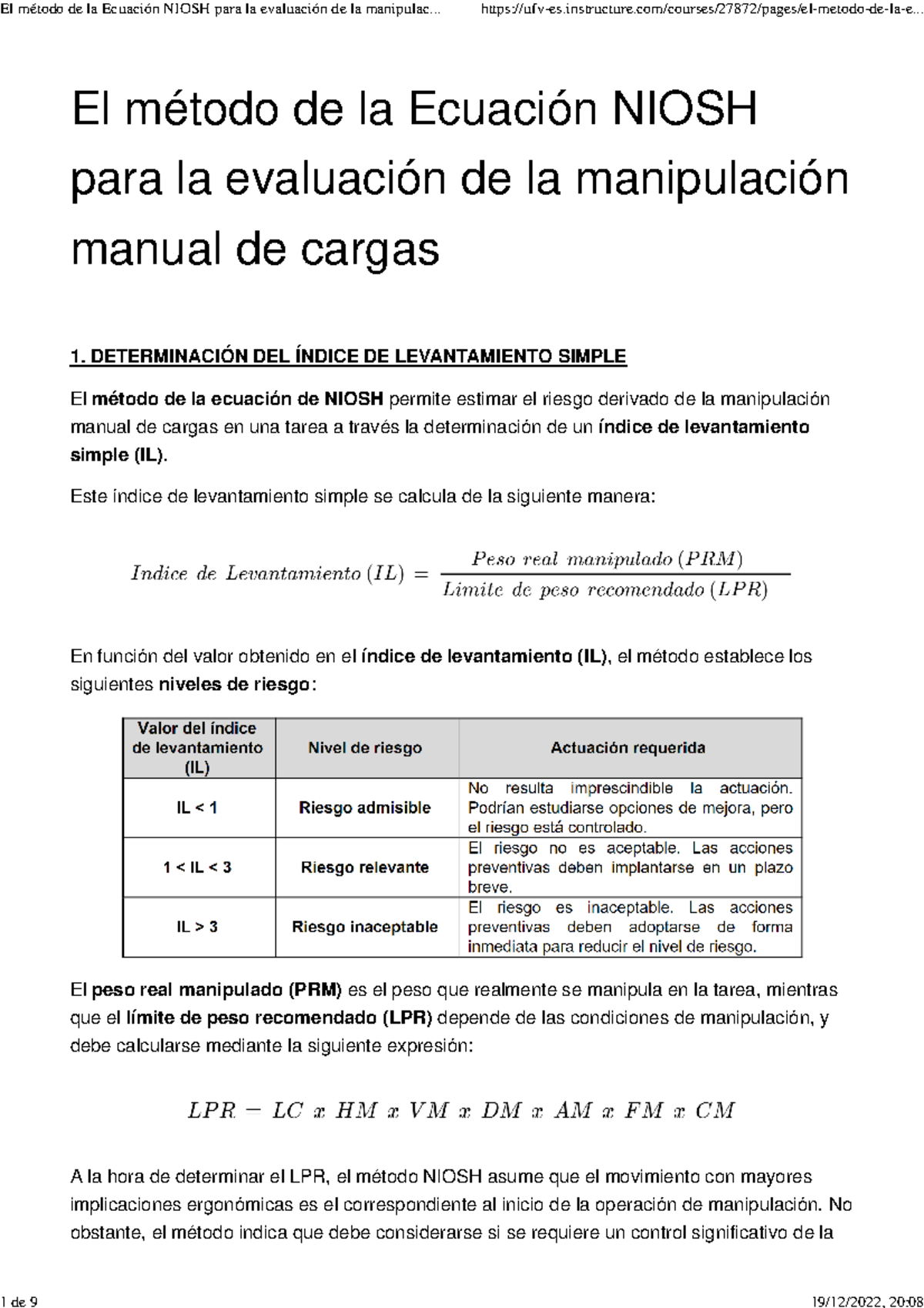 Ecuación NIOSH para Evaluación de Manipulación Manual de Cargas - Studocu