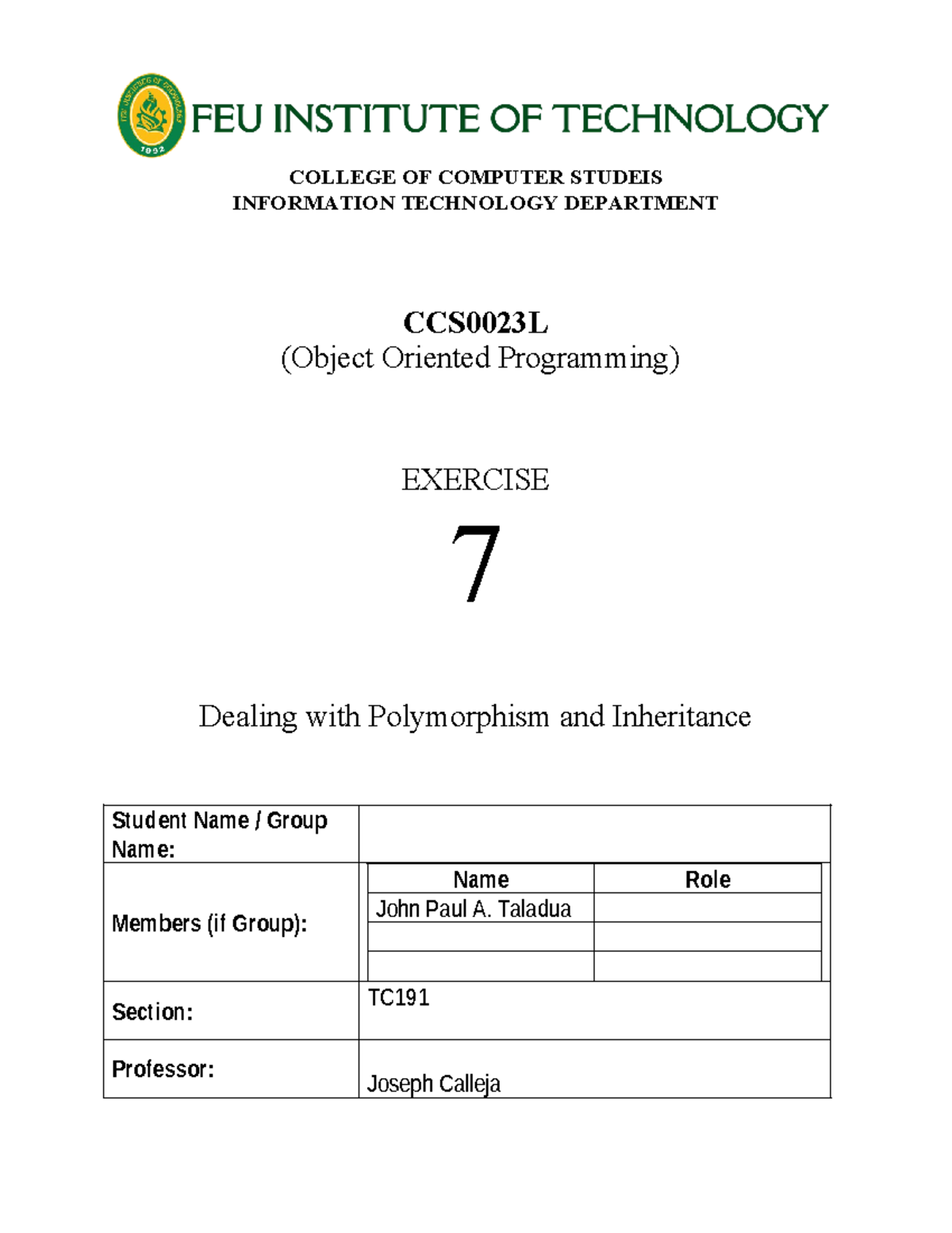 Lab Exp 7 - Polymorphism and Inheritance in OOP (CCS0023L) - Studocu