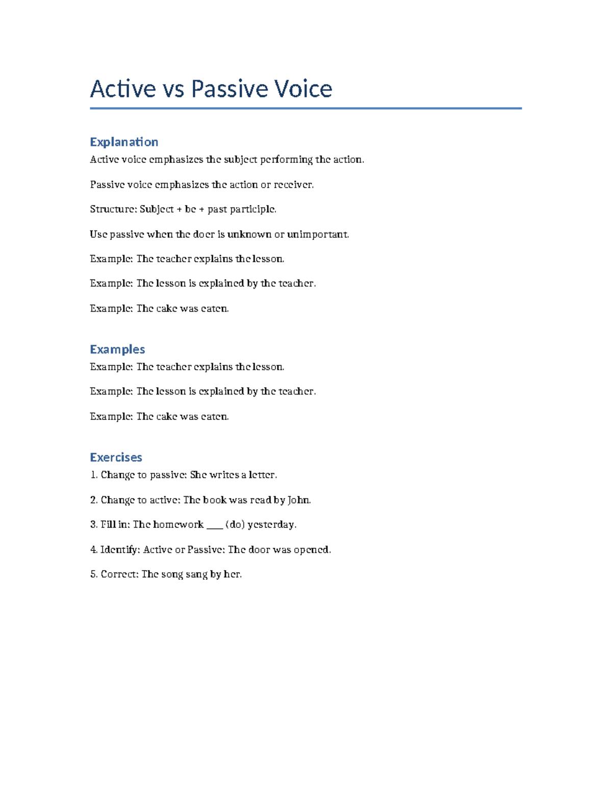 Active vs Passive Voice: Explanation & Exercises - ENG101 - Studocu