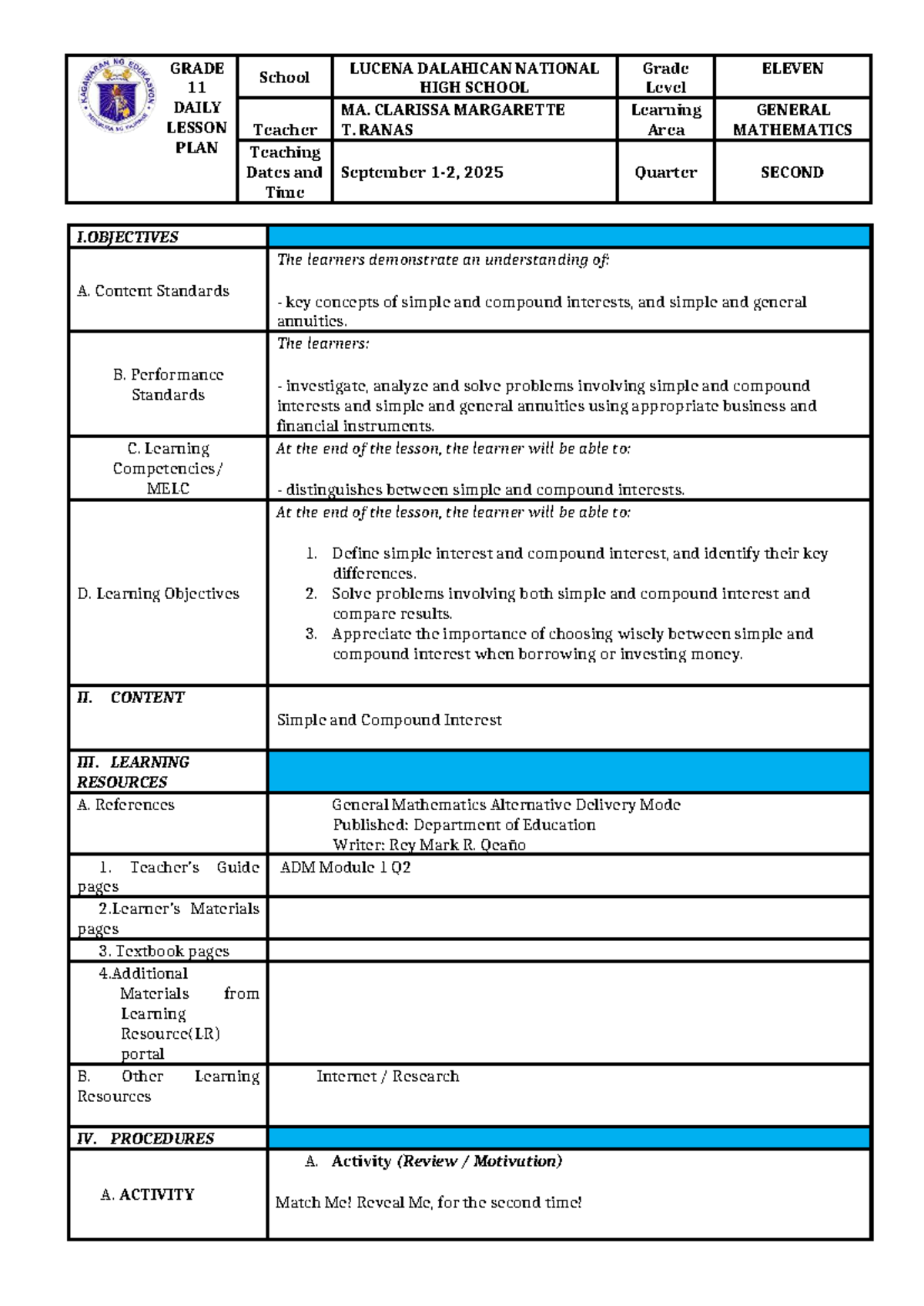 GRADE 11 DLP: Simple & Compound Interest in General Math - Studocu