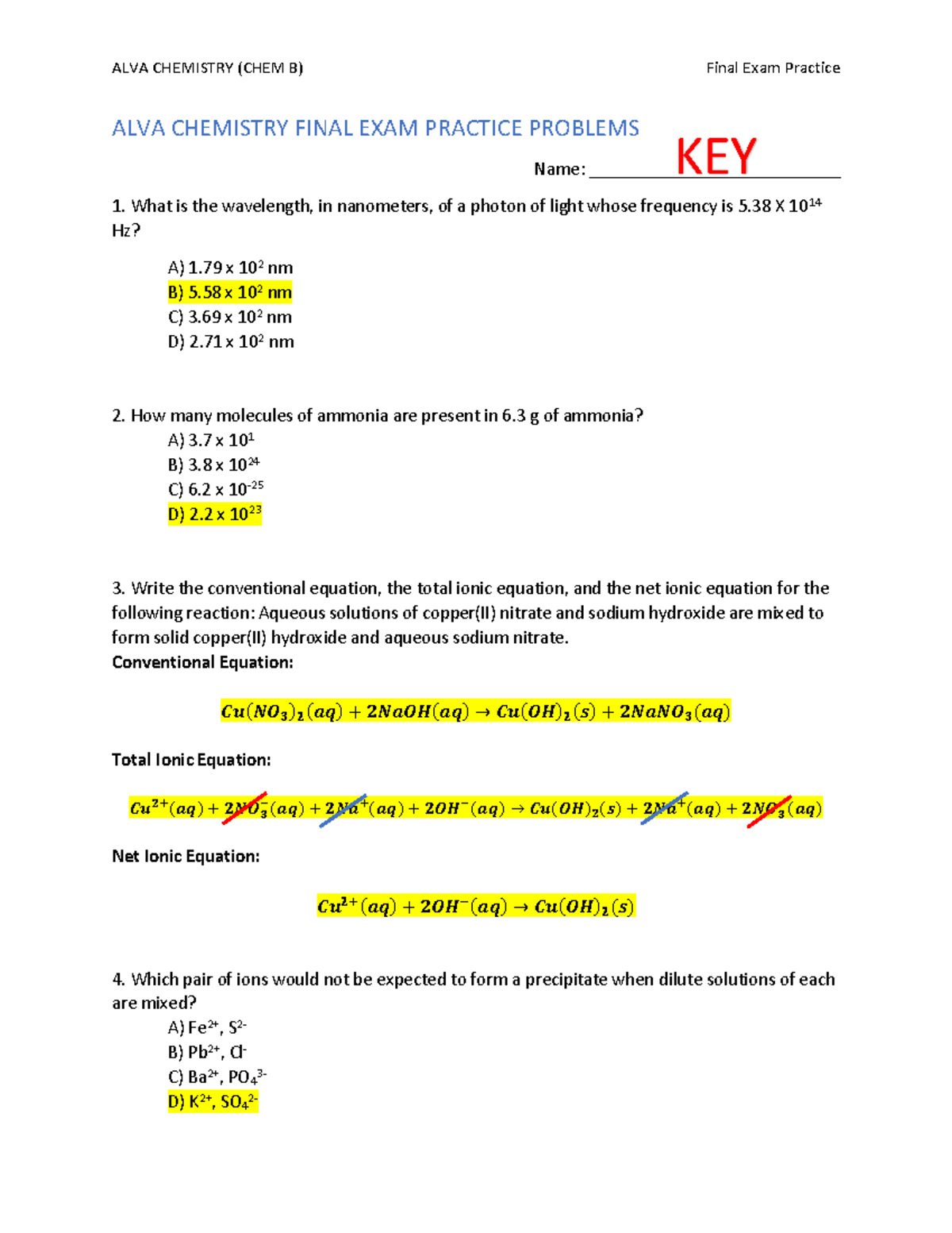 Finalpractice KEY - Final Exam Key for CHEM 142 - ALVA CHEMISTRY FINAL ...
