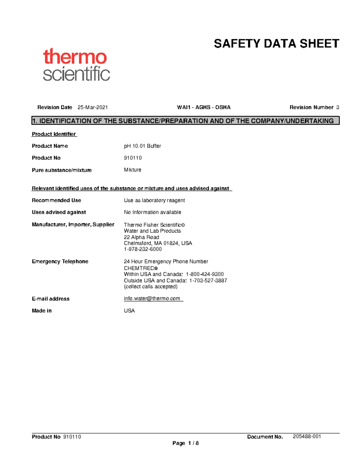 SDS Thermo Fisher Scientific Part No. 910110 20210325 p H 10.01 Buffer ...