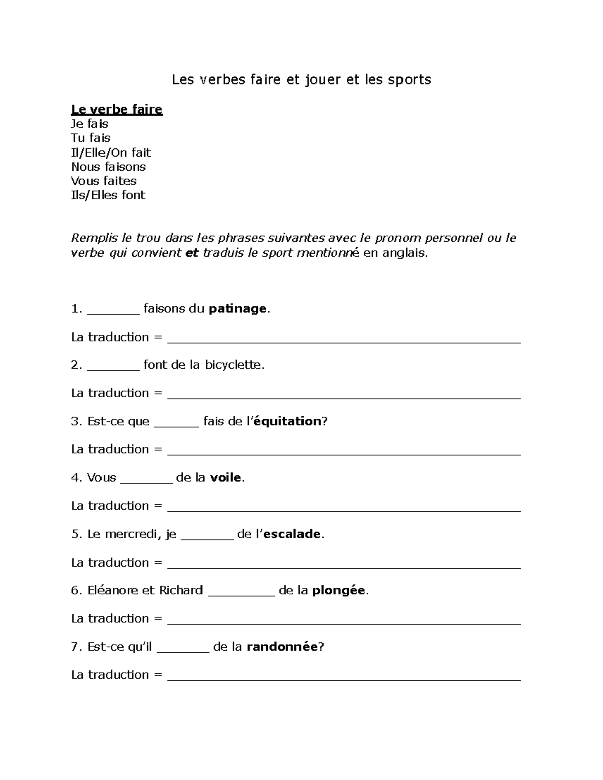 Les verbes faire et jouer- written booklet - Les verbes faire et jouer ...