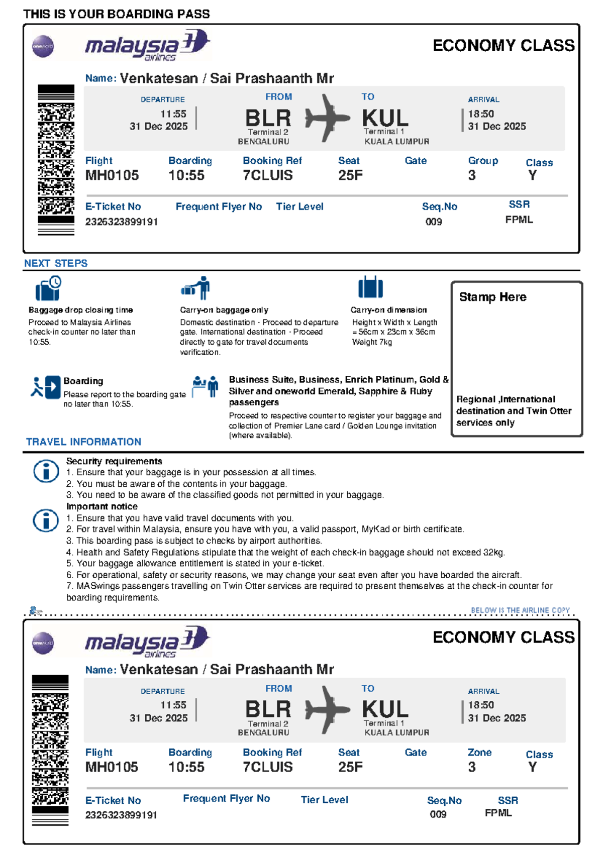 Boarding Pass - Economy Class for Venkatesan Sai Prashaanth - Studocu