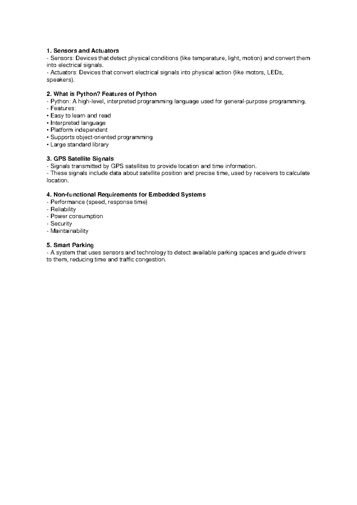 Embedded Systems Notes: Sensors, Python, GPS, and Smart Parking - Studocu