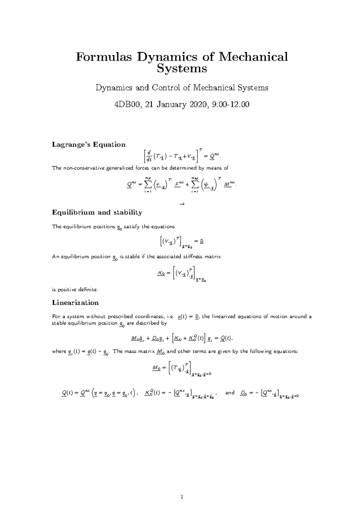 Formula Sheet for Dynamics of Mechanical Systems 4DB00 (2022-2023 ...