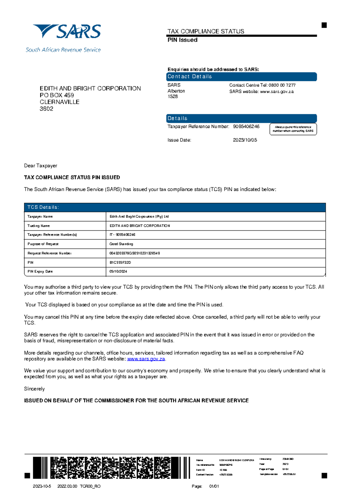Tax Compliance Status PIN Issued - Example for TCR (2023) - Studocu