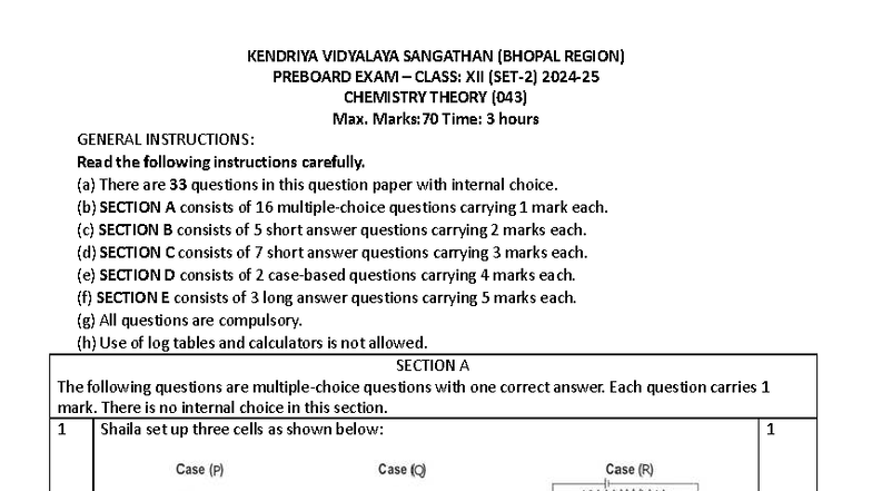 XII CHEMISTRY PREBOARD EXAM QP2 2024 - KVS Bhopal Region - Studocu
