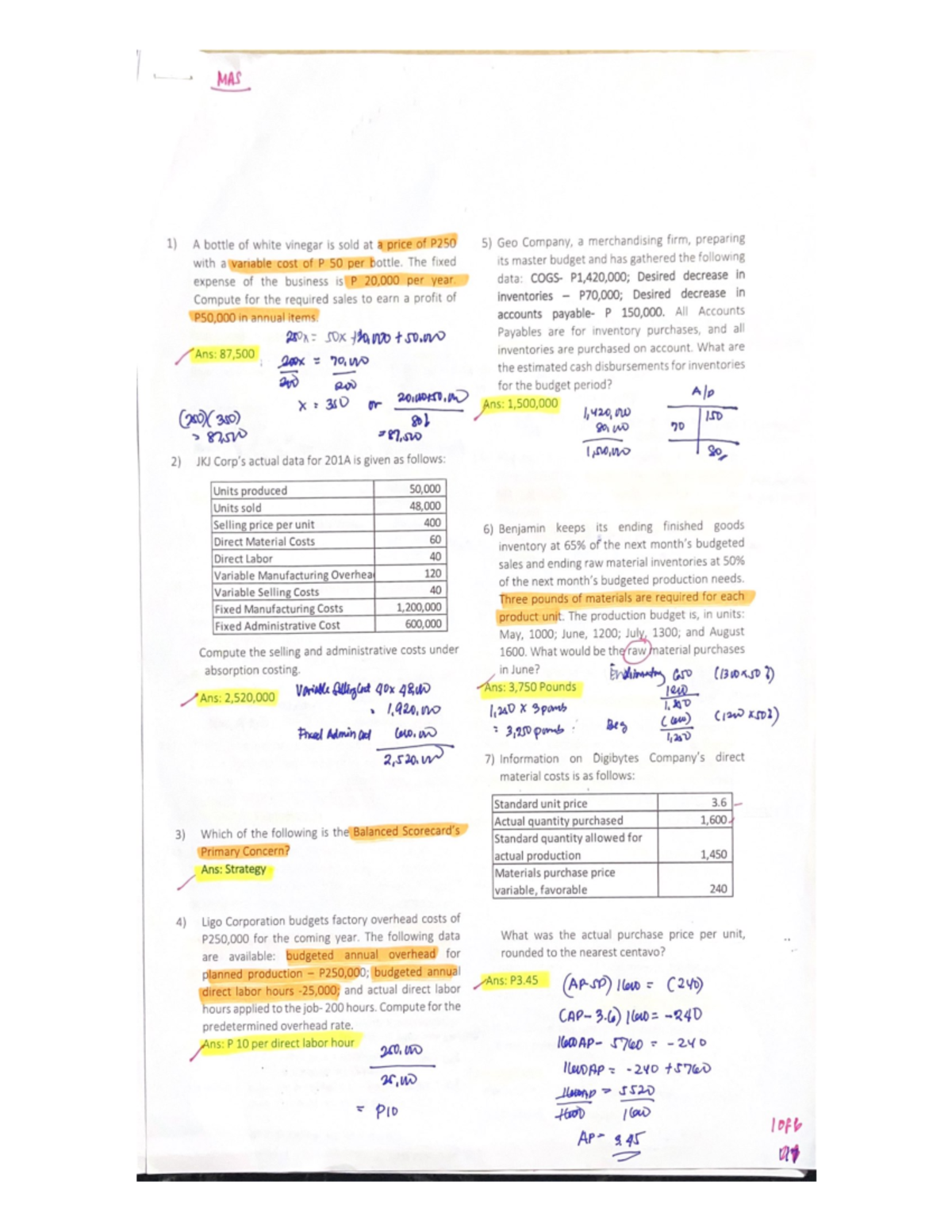 MAS - MAS review material - MAS 1) A bottle of white vinegar is sold at ...