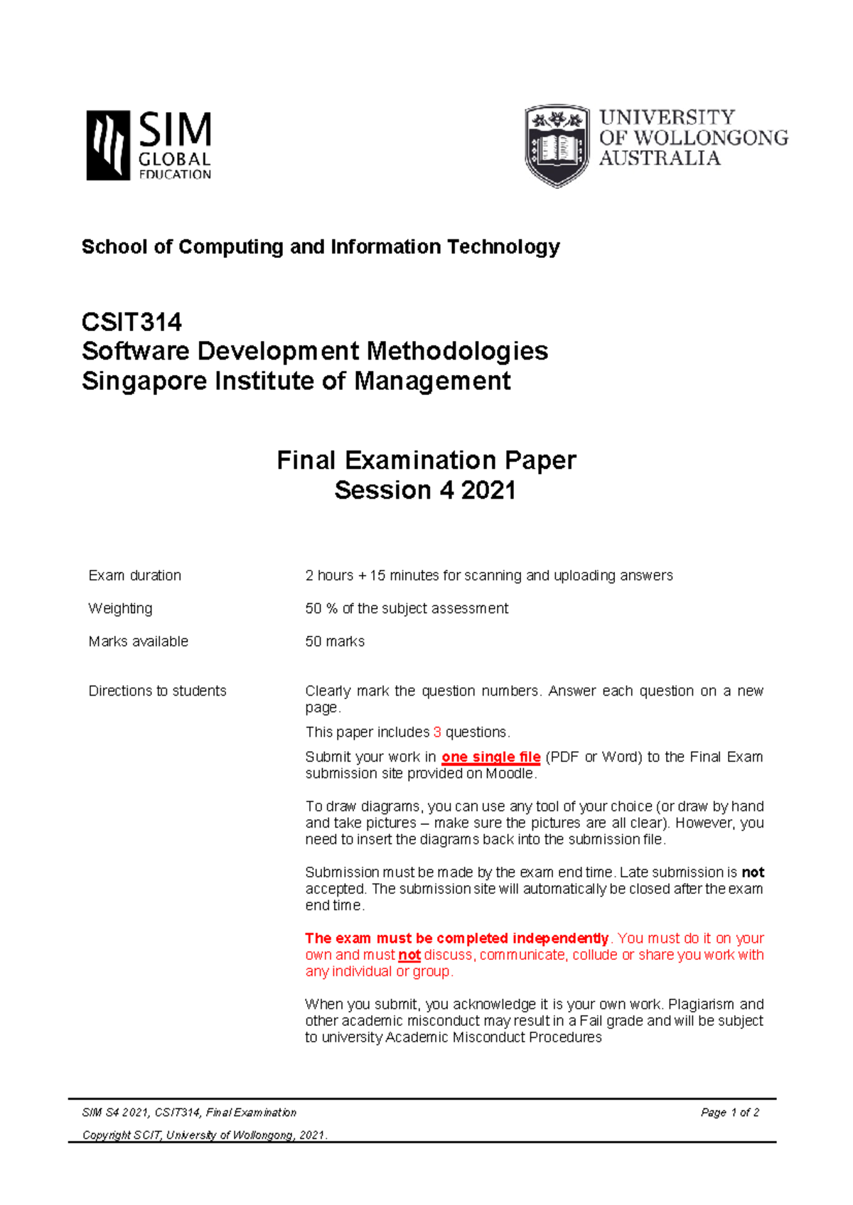 CSIT314 Software Development Methodologies Final Exam S4 2021 - Studocu