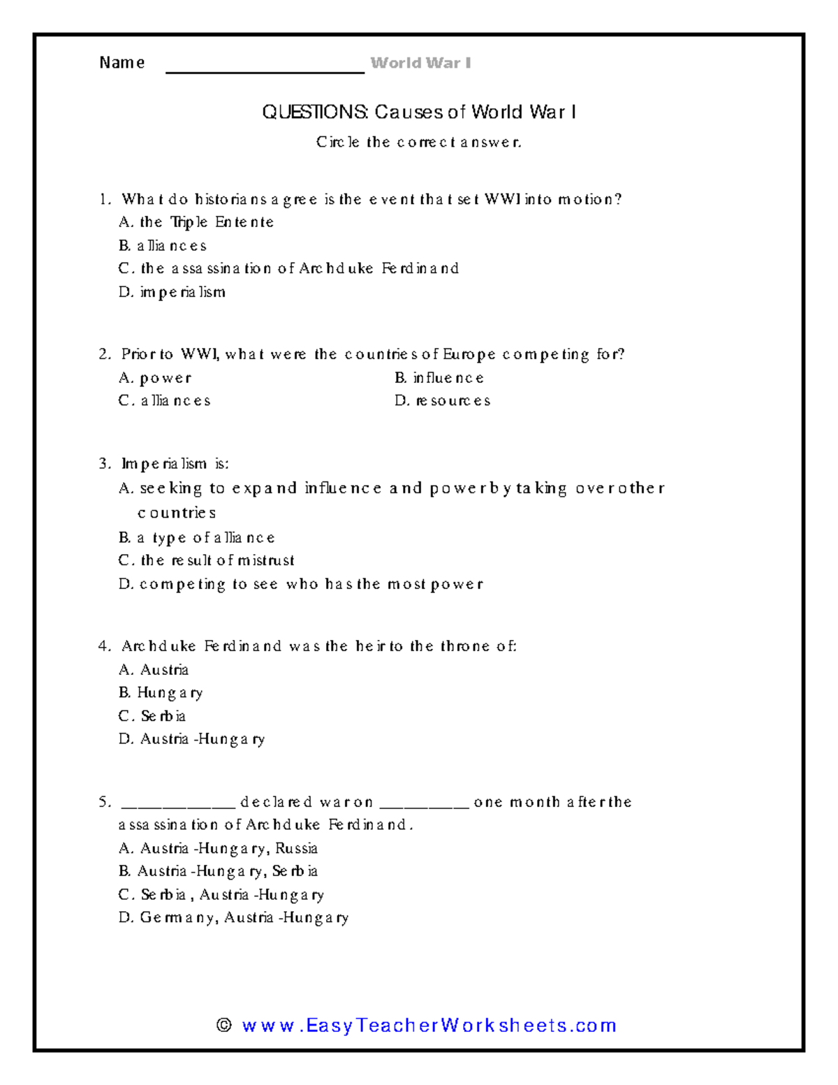 Causes of World War I Worksheet: Key Questions & Answers - Studocu