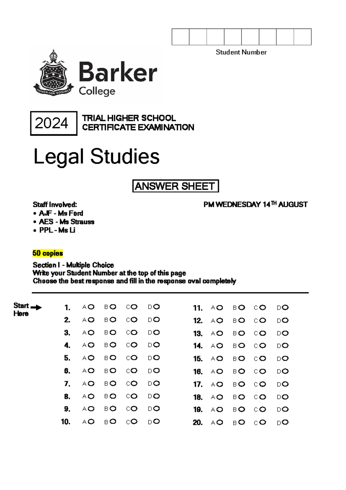 YR 12 Legal Studies Trial Exam T3 2024 - Answer Sheet - Studocu