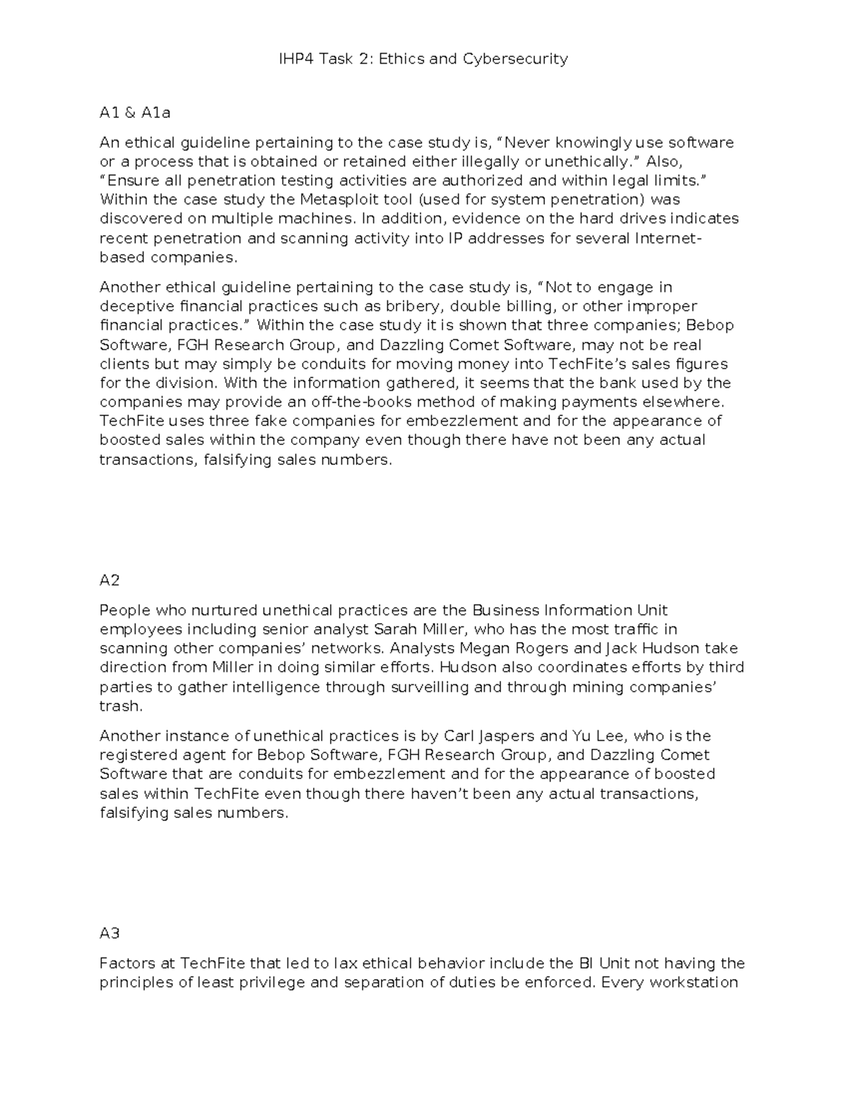 IHP4 Task 2 Ethics and Cybersecurity - A1 & A1a An ethical guideline ...