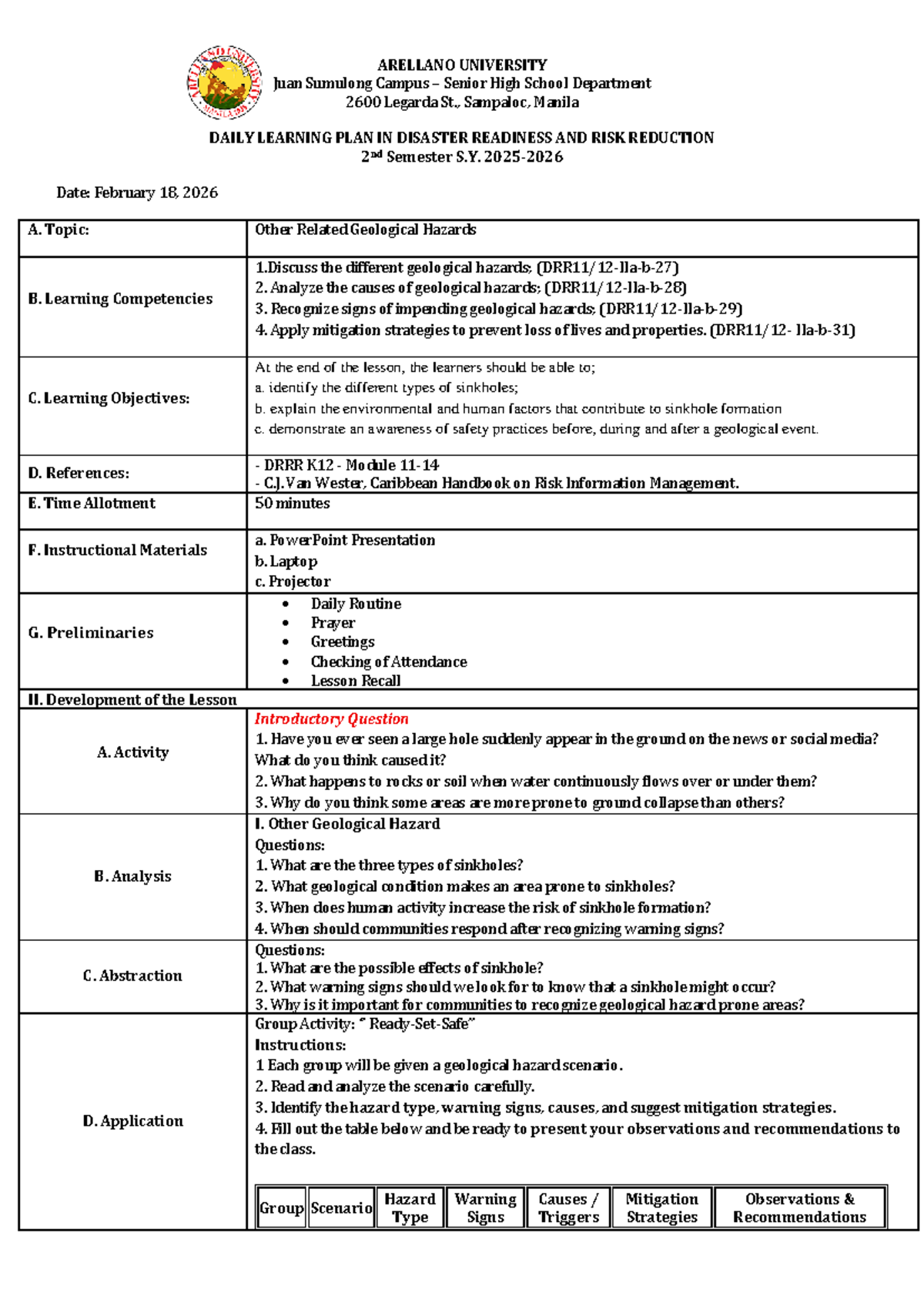 DRRR 2600 W5 - Lesson Plan on Sinkholes and Geological Hazards - Studocu