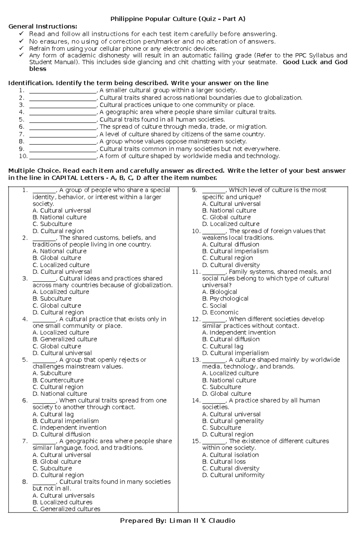 PPC 101: Sample Quiz on Lesson 5 - Philippine Popular Culture - Studocu