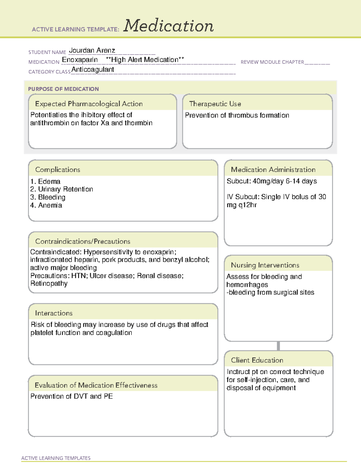 Enoxaparin Medication Sheet - Active Learning Template (MED300) - Studocu