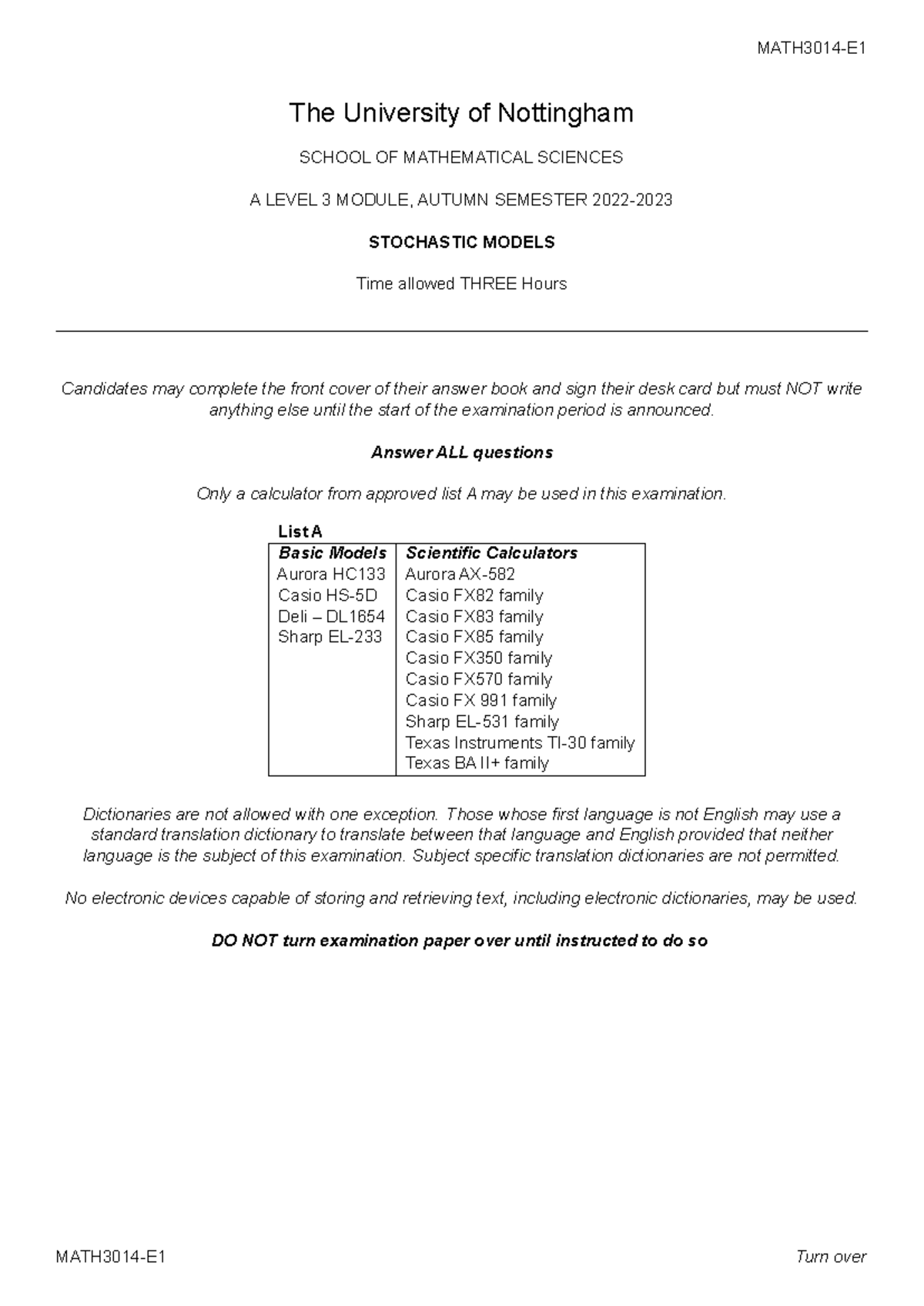 2022-23 Paper - The University of Nottingham SCHOOL OF MATHEMATICAL ...