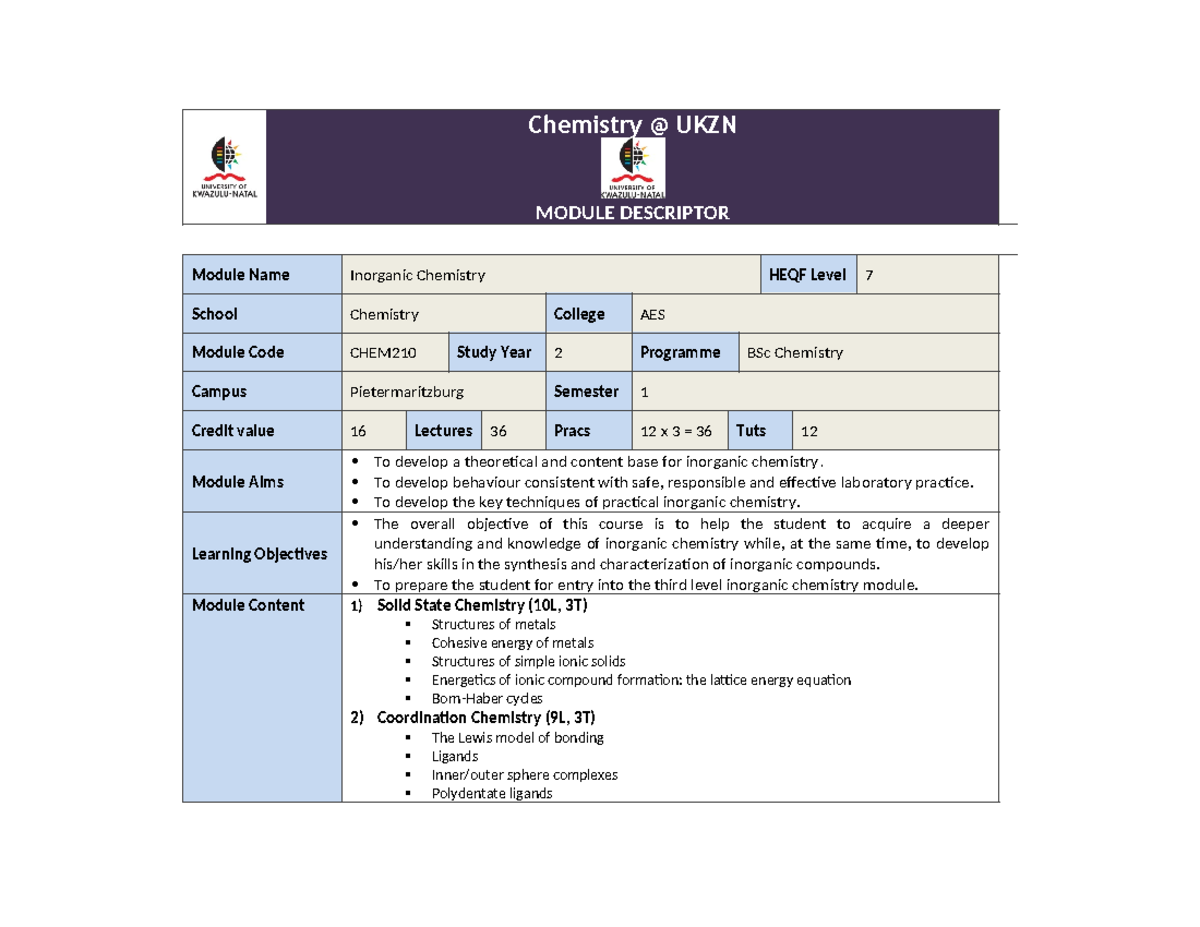 Inorganic Chemistry Module Descriptor CHEM210 for 2025 - Studocu
