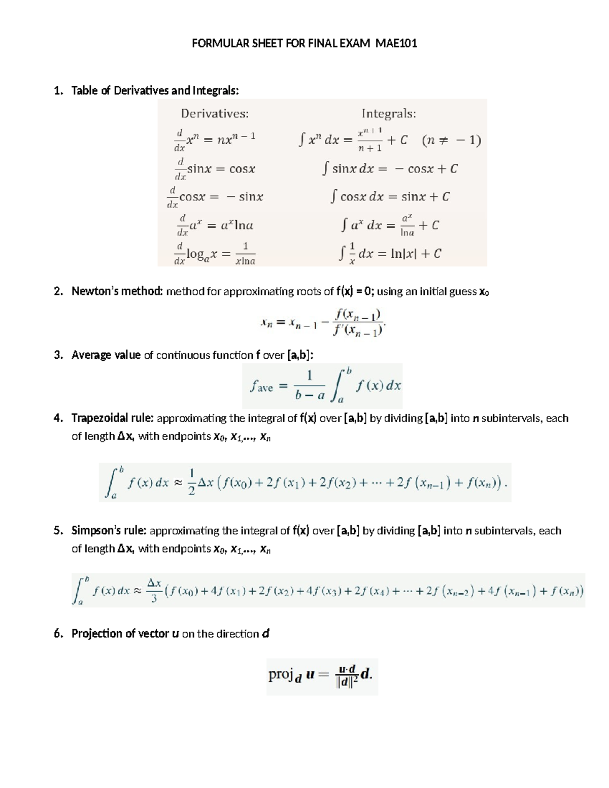 Final Exam Formula Sheet for MAE101 - Studocu