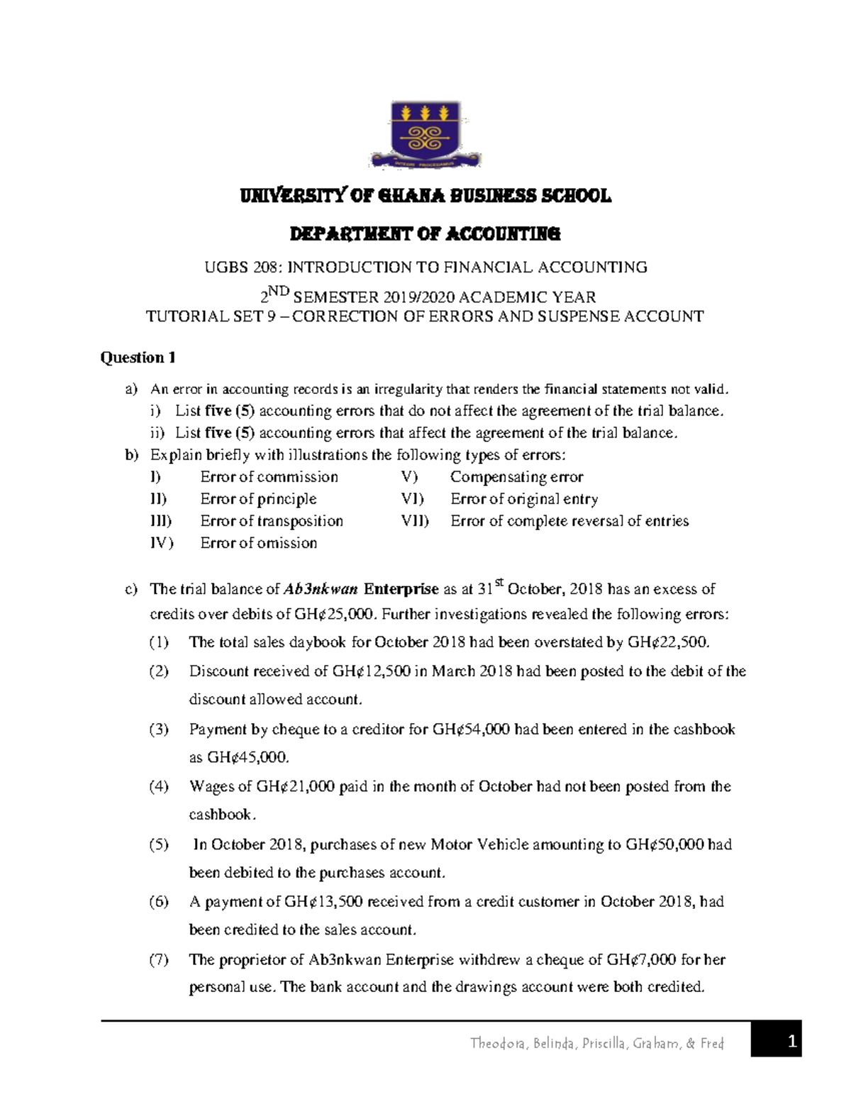 UGBS 208: Tutorial Questions on Errors & Suspense Account Solutions ...