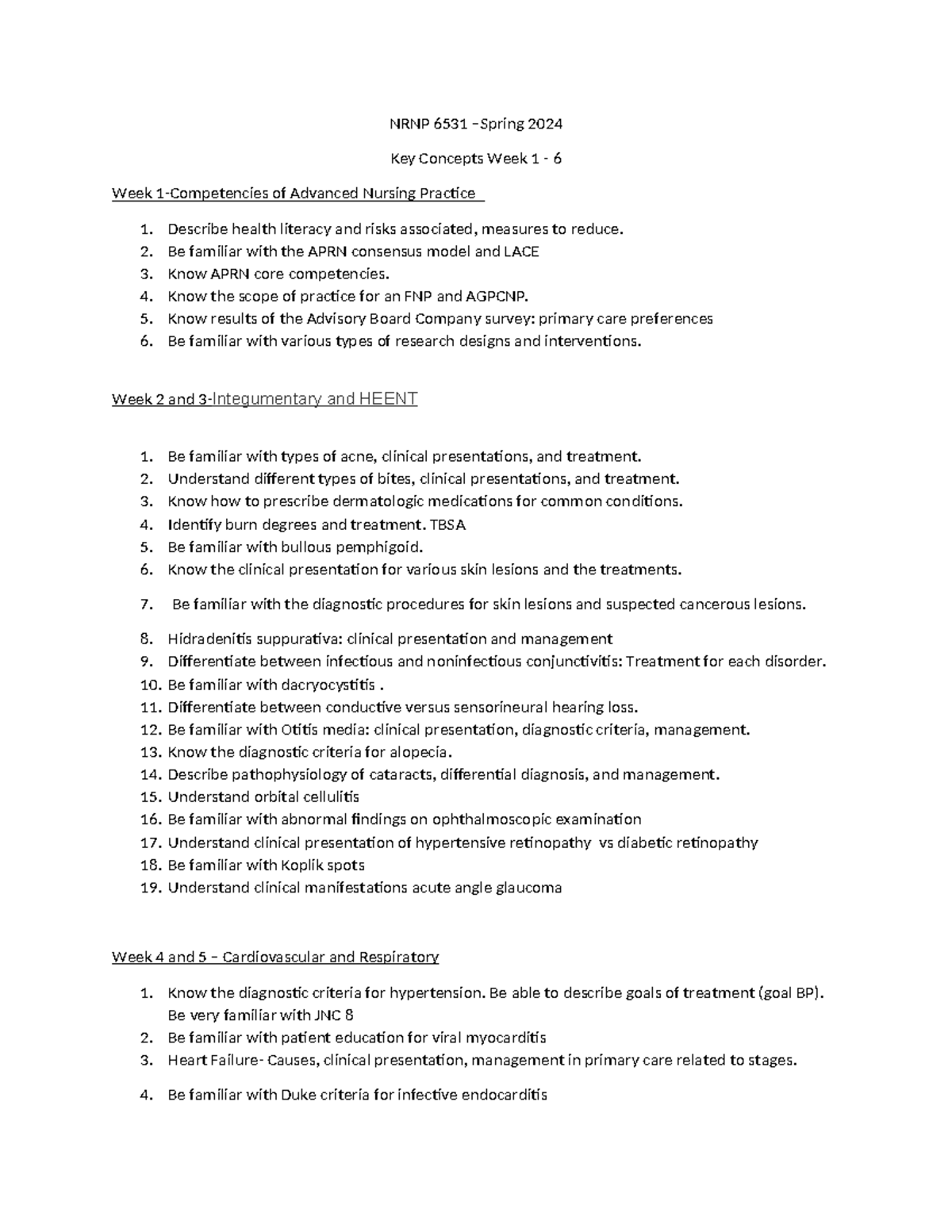 Key Concepts Weeks 1 - 6 Spring 24 - NRNP 6531 –Spring 2024 Key ...