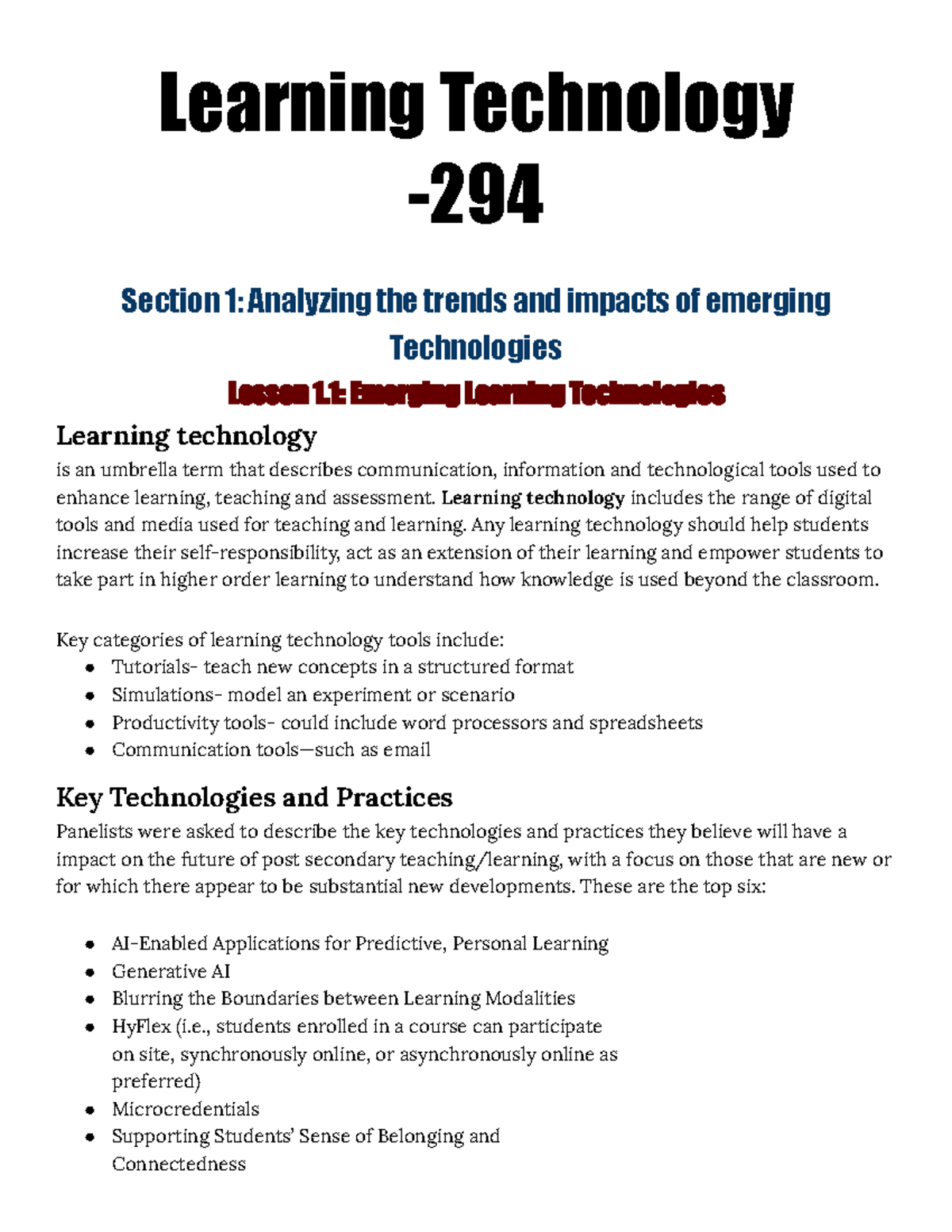 Learning Technology -294 - Learning Technology - Section 1: Analyzing ...