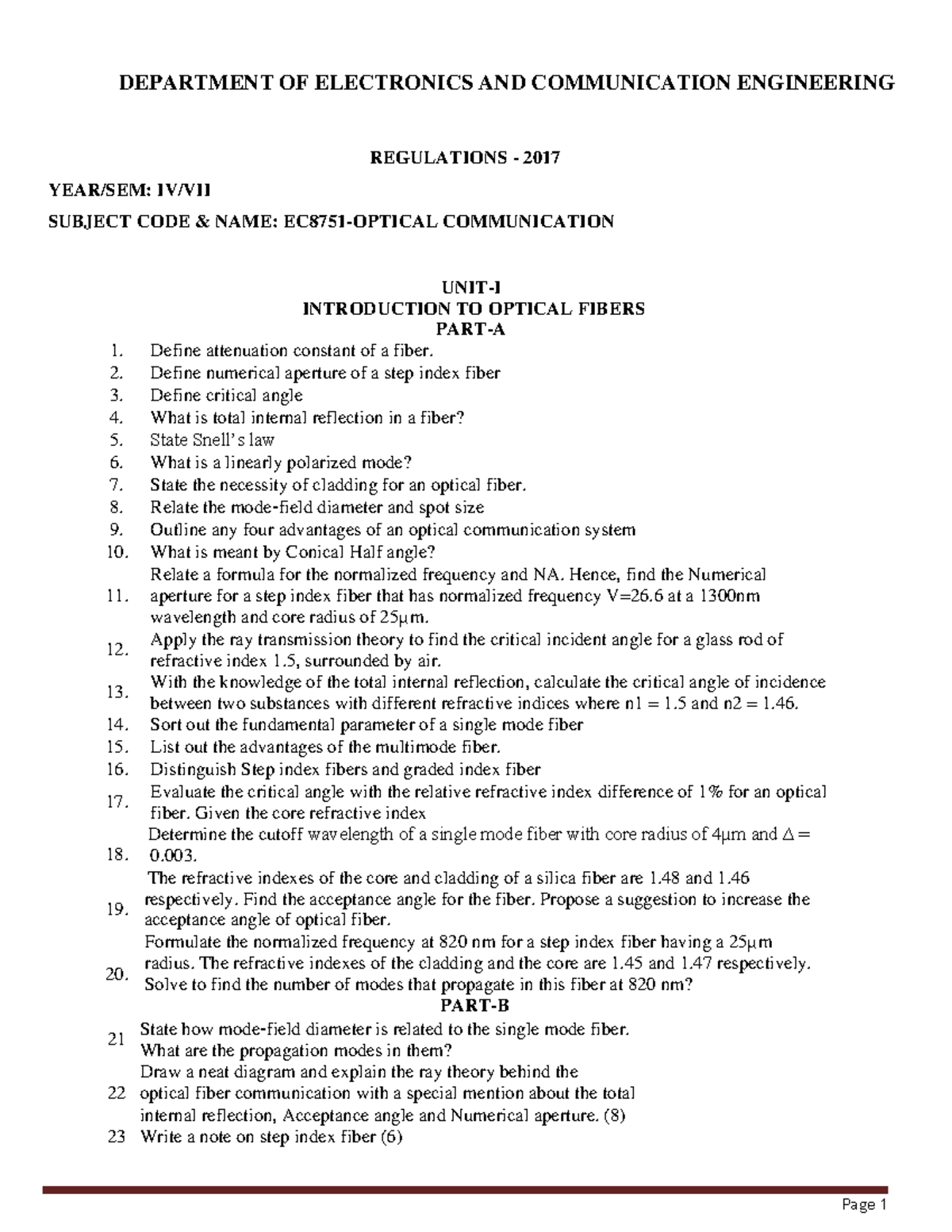 EC8751- Optical Communication: Comprehensive Question Bank - Studocu