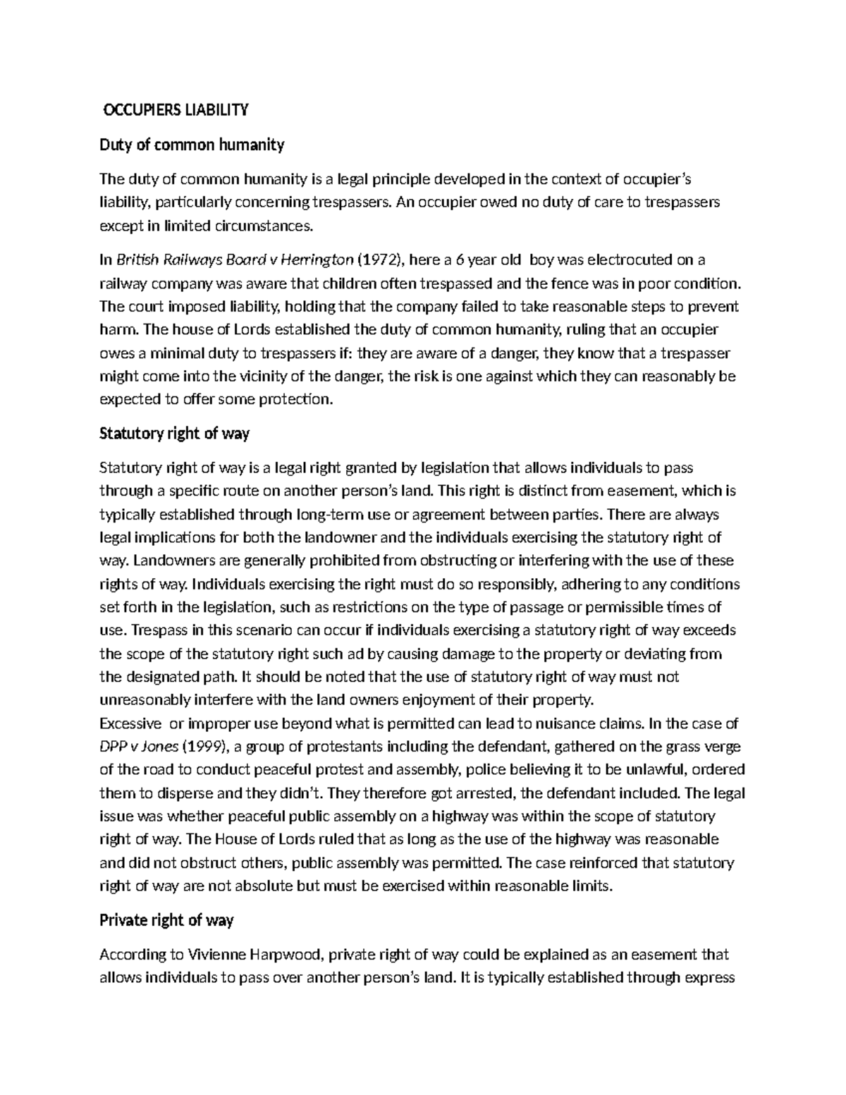 Occupiers Liability Notes: Understanding Duty of Care and Rights - Studocu