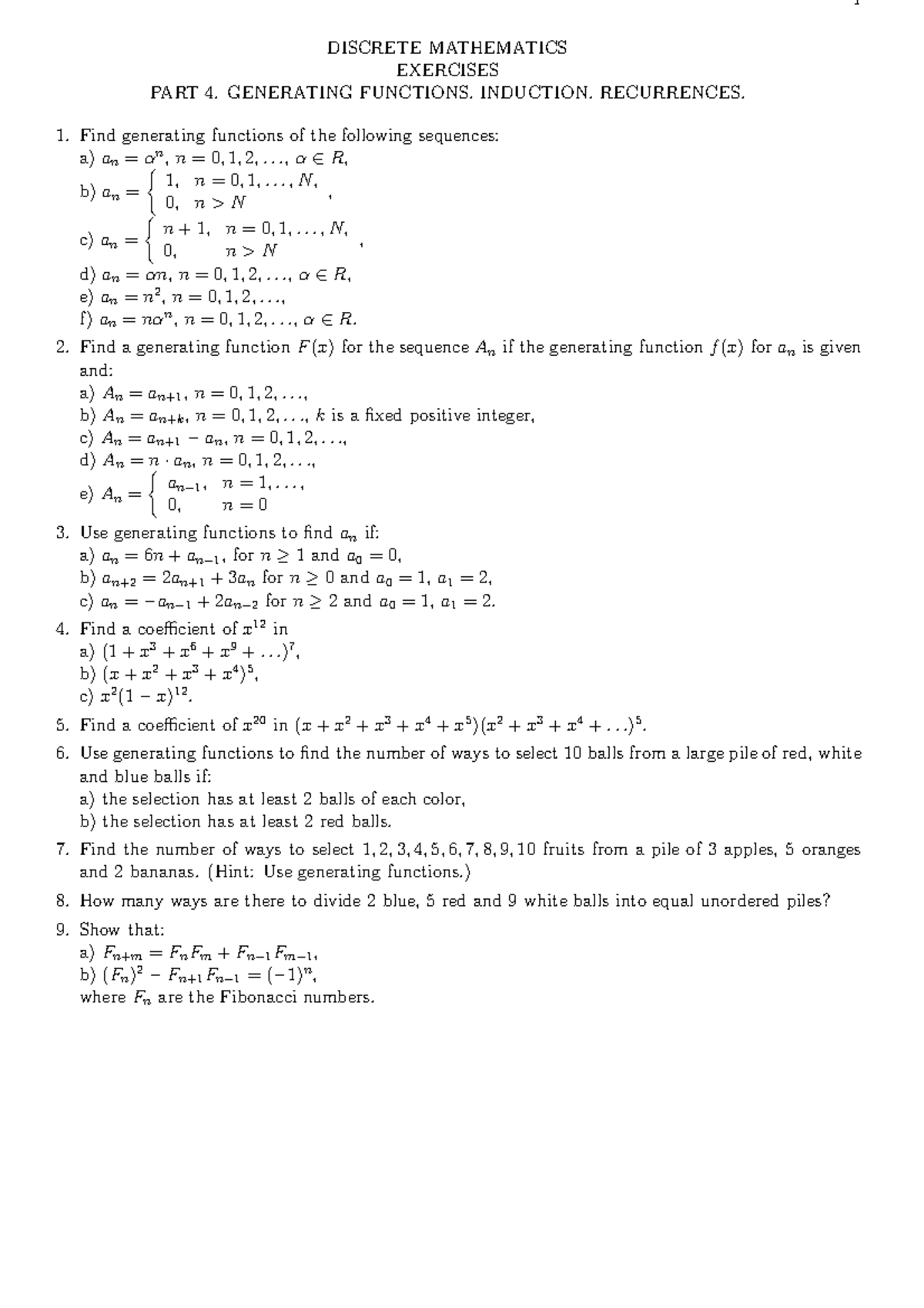 DMEX4 - 1 DISCRETE MATHEMATICS EXERCISES PART 4. GENERATING FUNCTIONS ...