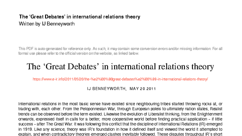 The Great Debates in International Relations Theory (IR 101) - Studocu