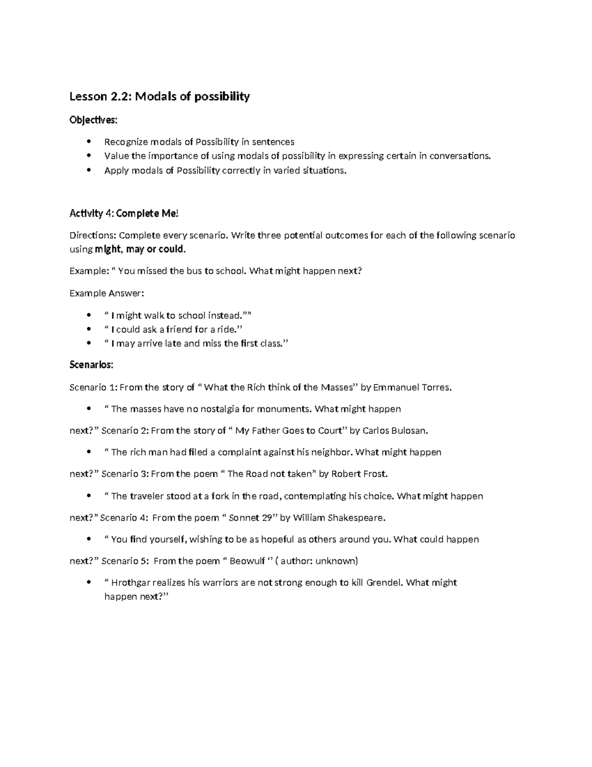 Modals of Possibility & Necessity: Lesson 234 Objectives & Activities ...