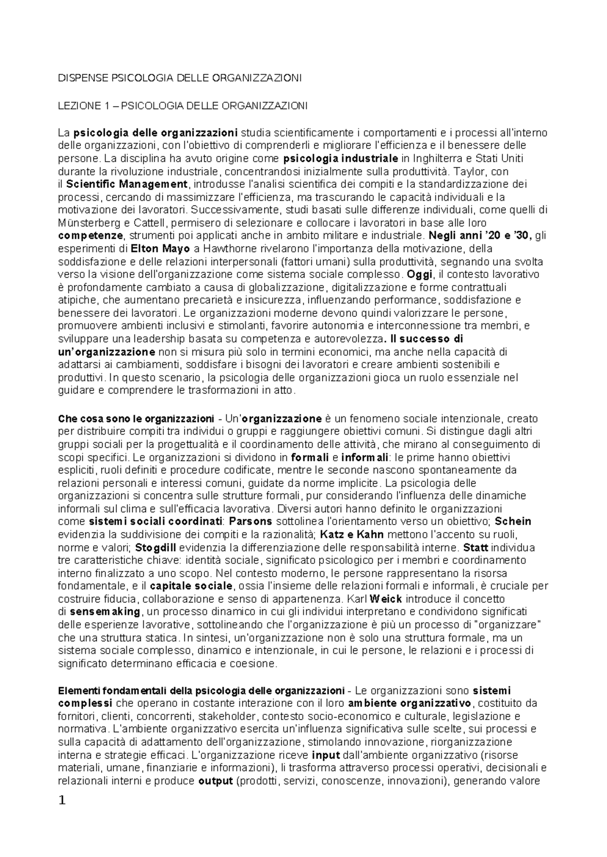 DISPENSE PSICOLOGIA DELLE ORGANIZZAZIONI - LEZIONE 1: INTRODUZIONE E ...
