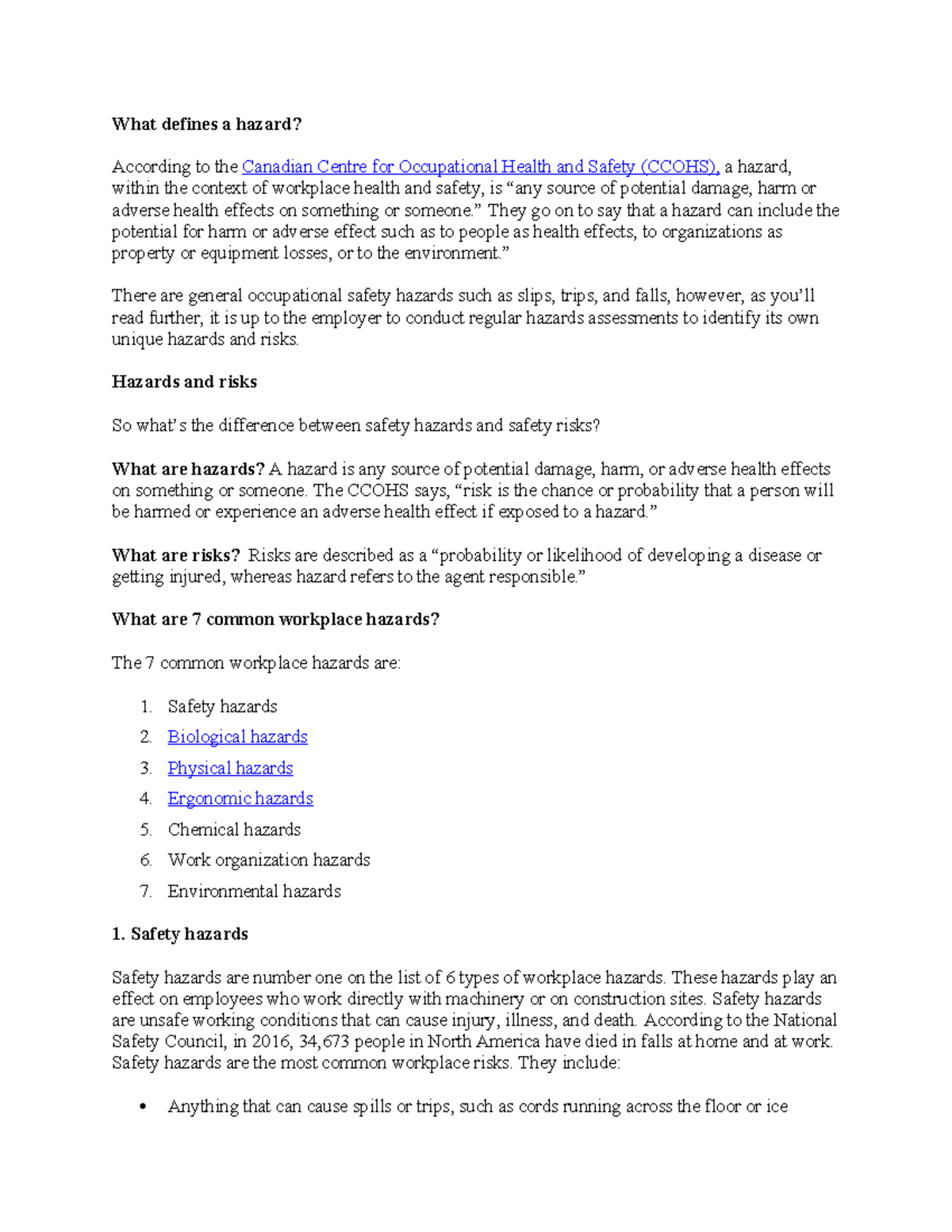 Occupational Health & Safety: Understanding Hazards and Risks - Studocu