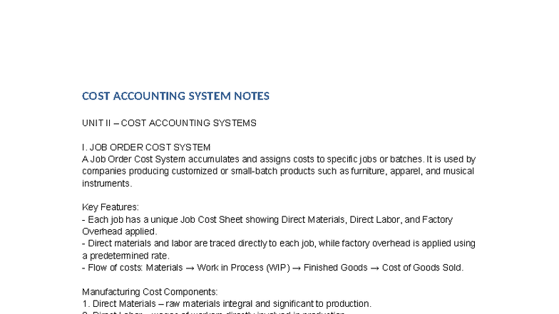 COST ACCOUNTING SYSTEM NOTES: UNIT II JOB ORDER & PROCESS COSTING - Studocu