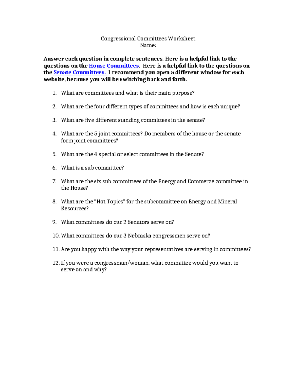 Congressional Committees Worksheet – Key Questions & Concepts - Studocu