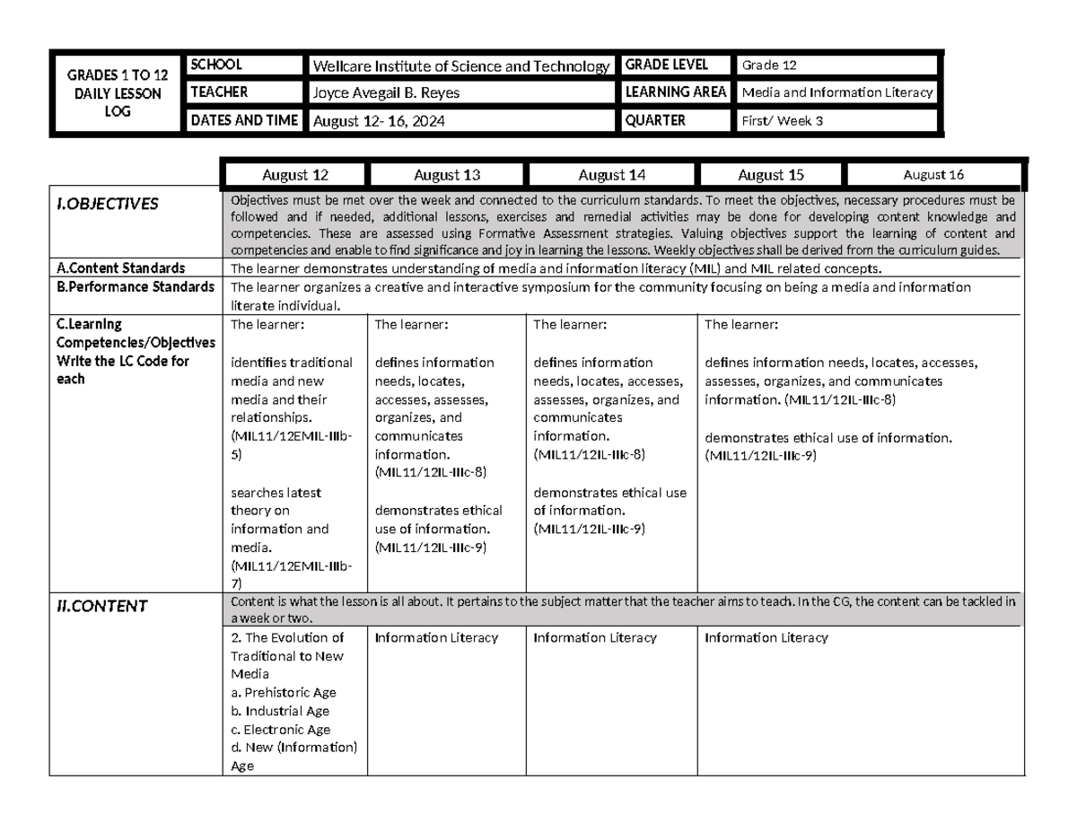 MIL-12 WEEK 3 DLL: Media & Information Literacy Lesson Plan - Studocu