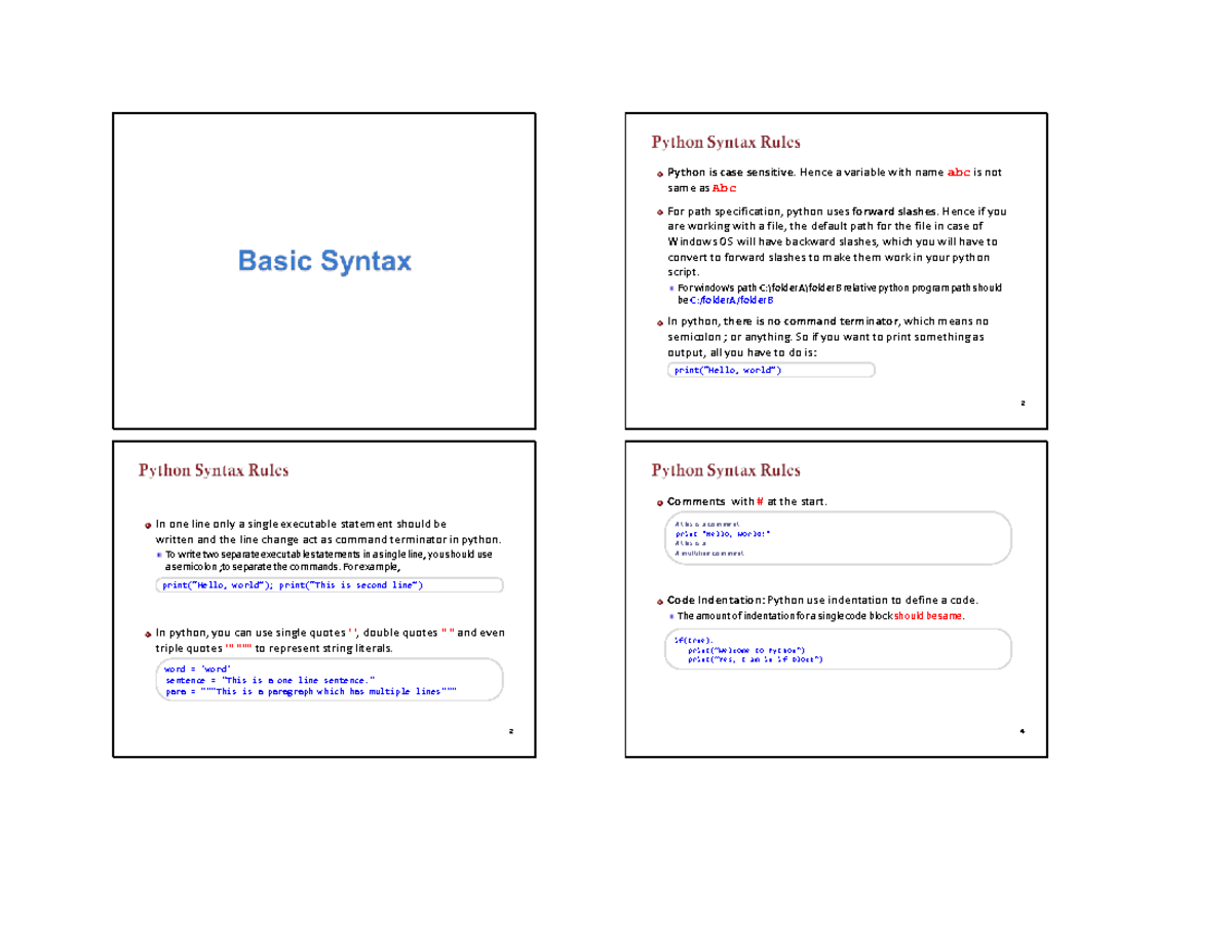 01-Basic Syntax - Tài liệu - 1 Python is case sensitive. Hence a variable with name abc is not ...