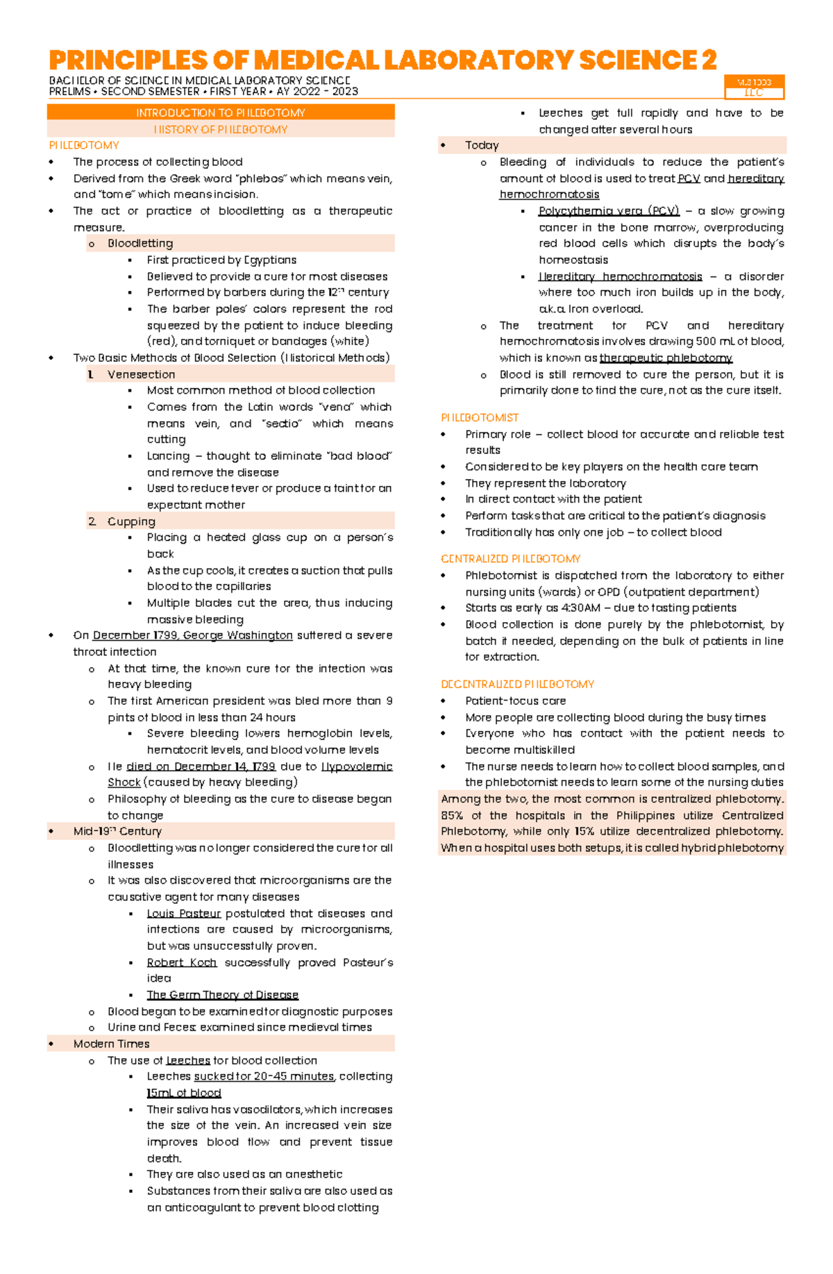 PMLS2 Prelims Study Guide - Introduction to Phlebotomy & Infection ...