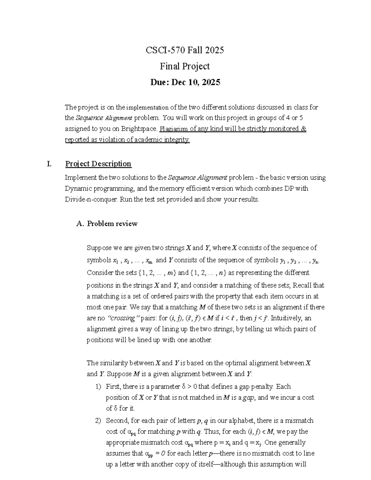 CSCI570 Fall 2025 Final Project: Sequence Alignment Solutions - Studocu