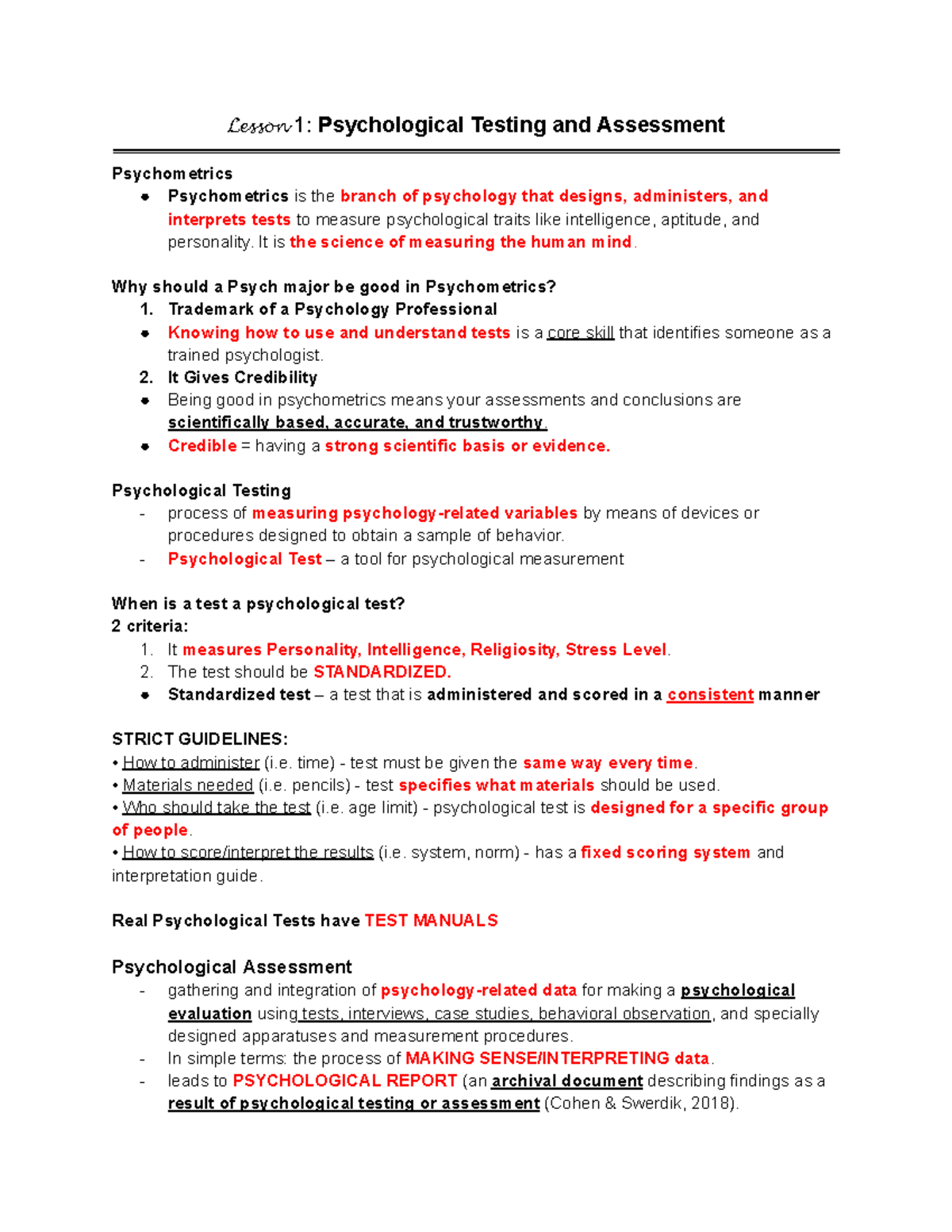 Lesson 1: Introduction to Psychometrics in Psychological Testing - Studocu