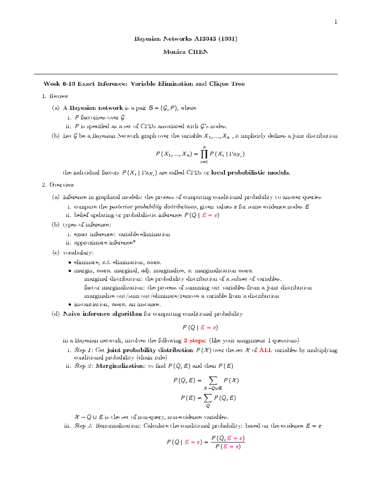 Bayesian Networks AI3043 (1001) Lecture Notes on Inference Techniques ...