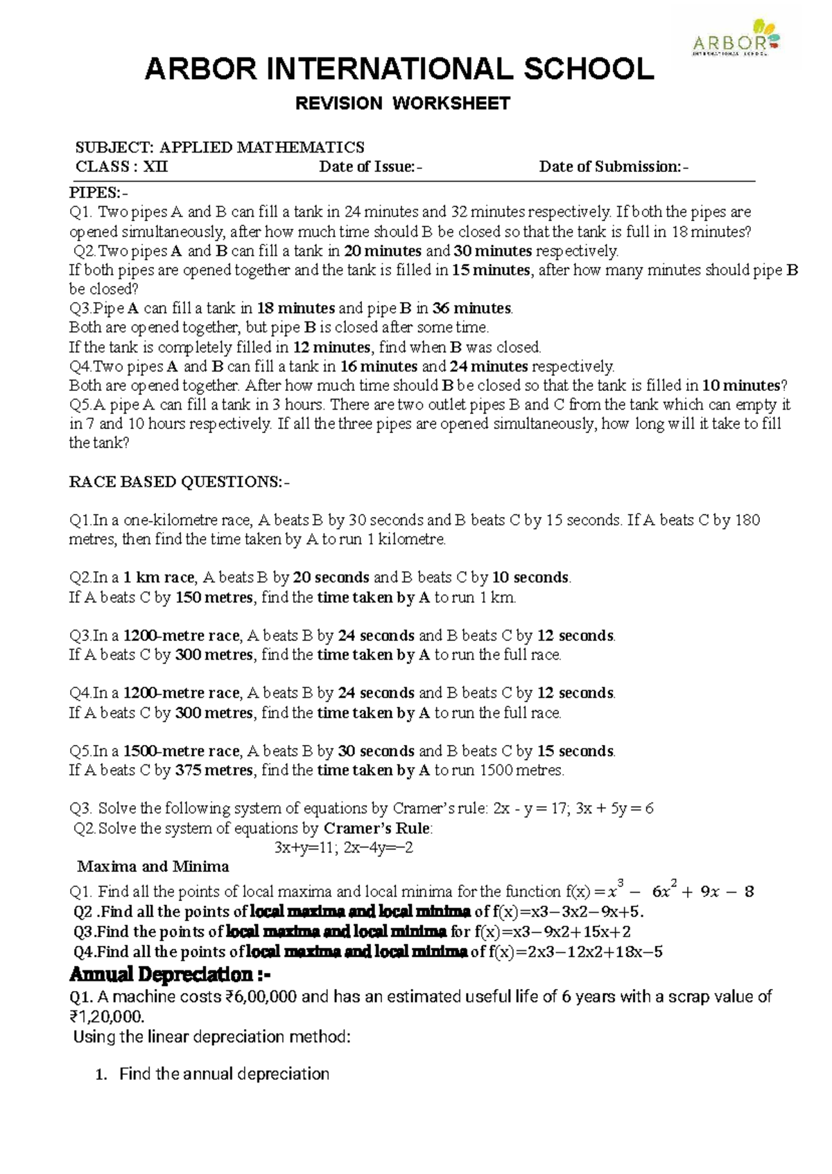 Cl-XII Applied Math Revision Worksheet - PIPES & RACE Problems - Studocu